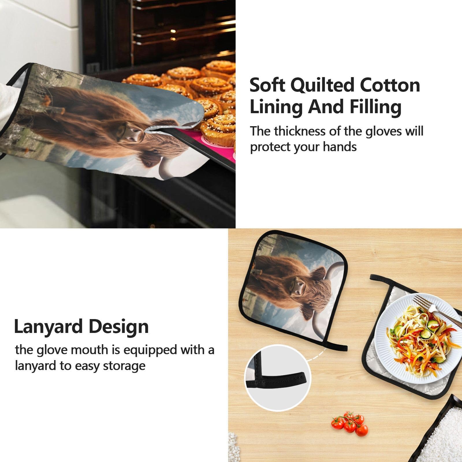 Kigai Kitchen Apron Set of 5 - with 2 Pack Oven Mitt & 2 Pack Heat Insulation Pad Kitchen for Everyday Kitchen Cooking and Baking - Highland Cow