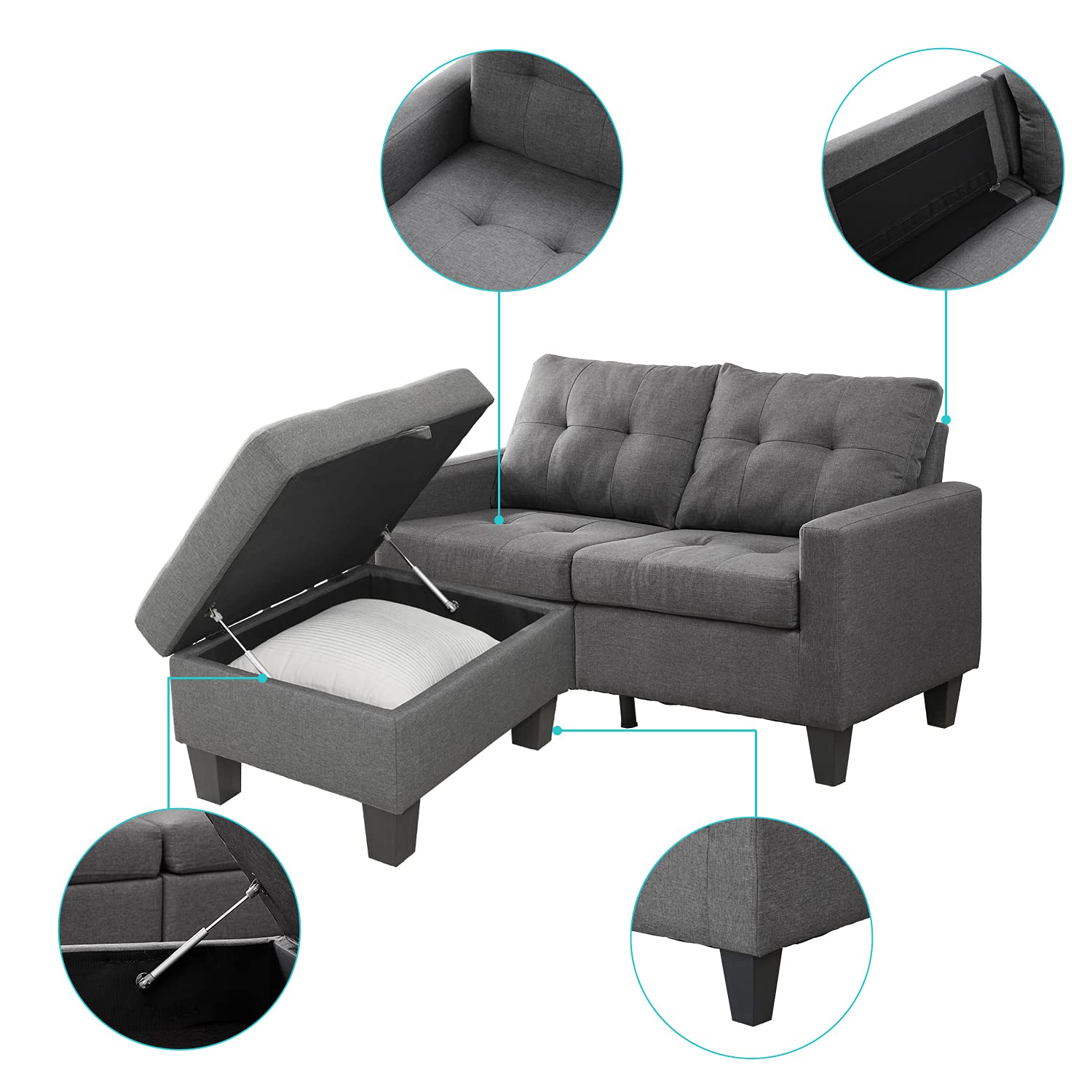 GOOD & GRACIOUS Sectional Sofa Set 57" L-Shaped Couch Chaise Polyester Fabric Loveseat Furniture with Reversible Storage Ottoman for Apartment Office Living Room Bedroom Small Space (Dark Grey)