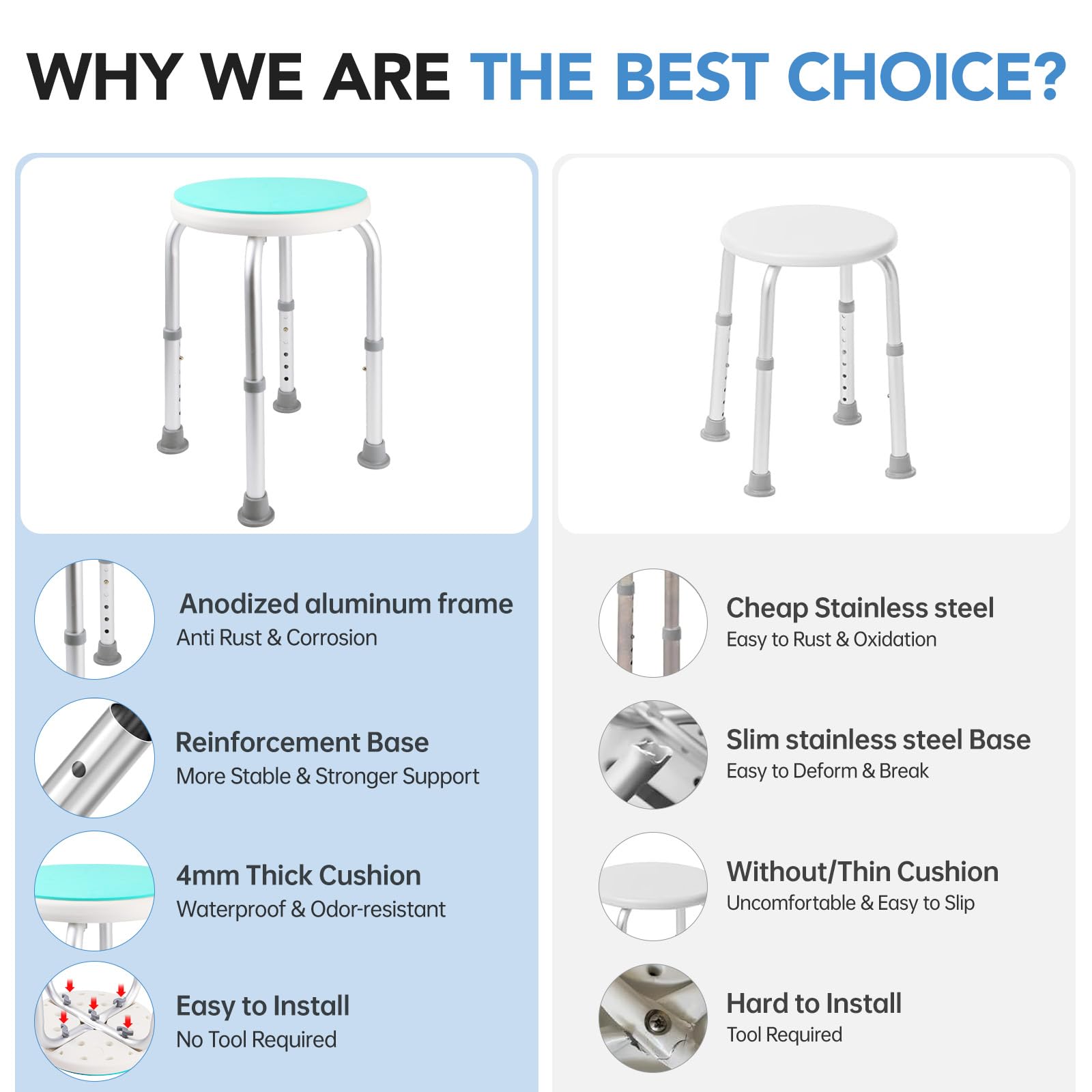 Shower Stool for Inside Shower,Adjustable Shower Chair for Inside Tub with Anti Slip Bath Seat, Small Shower Chair for Elderly and Disabled, Adjustable Bath Stool Shower Seats for Adults 350 lbs
