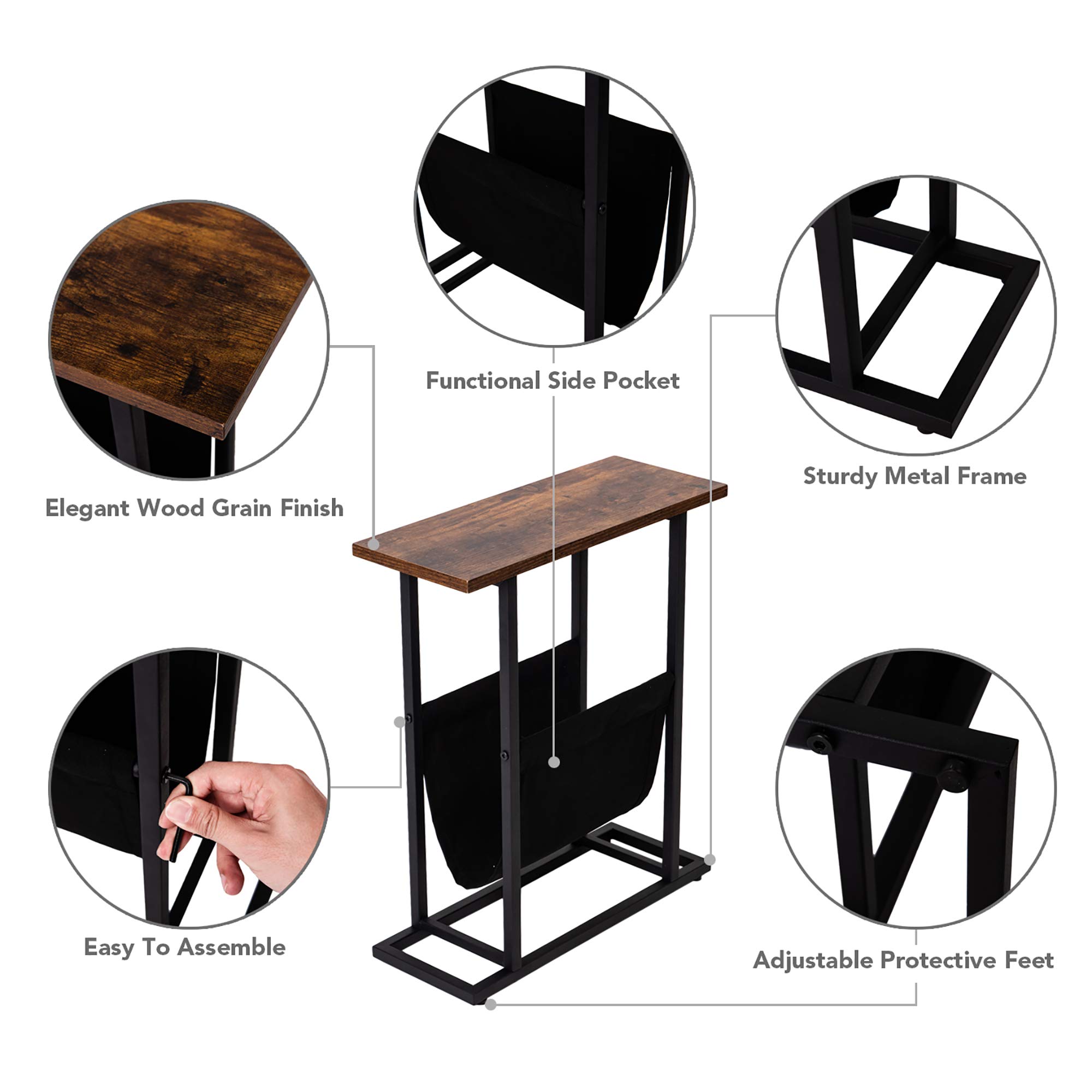 GOOD & GRACIOUS Side Table, Industrial End Table, Vintage Bedside Table with Sturdy Metal Frame for Living Room, Bedroom & Small Spaces, Easy Assembly, Industrial,Rustic Brown