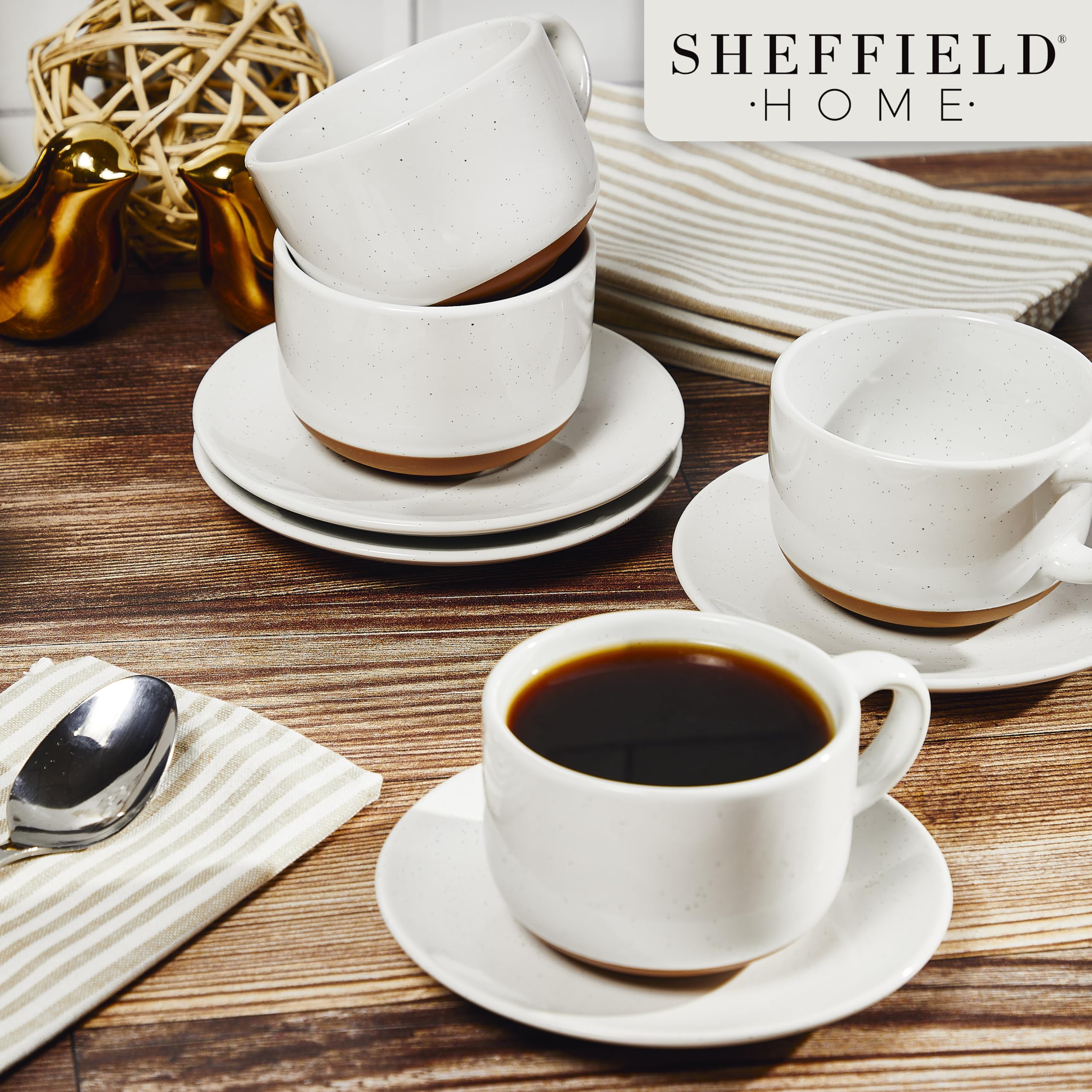 Sheffield Home Elegant Coffee Mug Set - Set of 4 Stoneware 8oz Cups with Saucers – Dishwasher and Microwave Safe Ceramic - Ideal for Cappuccino, Espresso, Latte, or Tea - Assorted Neutrals