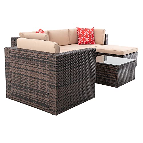 DROPPER 6Pcs Outdoor Garden Patio Furniture PE Rattan Wicker Sectional Cushioned Sofa Sets with 2 Pillows and Coffee Table