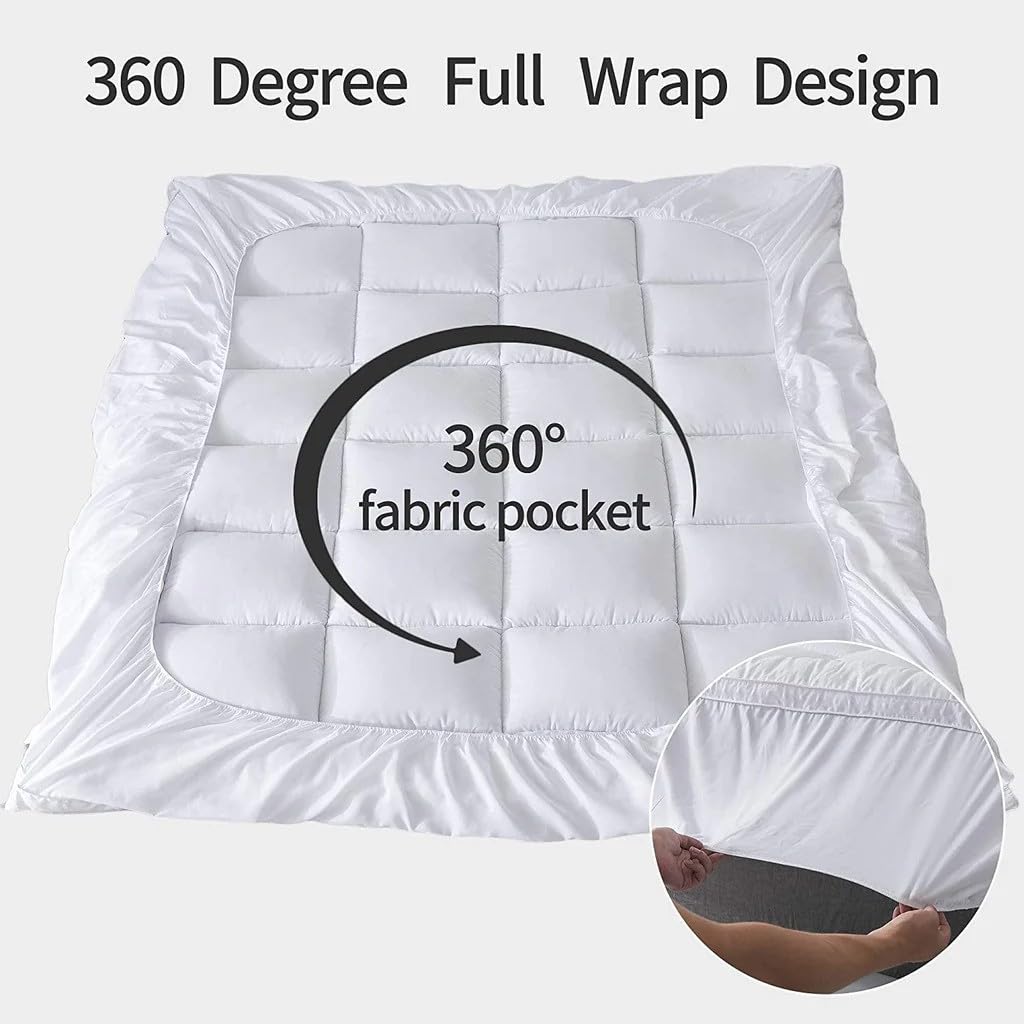 Sleep Mantra 100% Cotton Mattress Topper King Size - Premium Wrap-Around Cooling Topper Fits up to 20-Inch Mattress - Extra Soft, Deep Pocket, Breathable & Plush Quilted Down Fill (White)