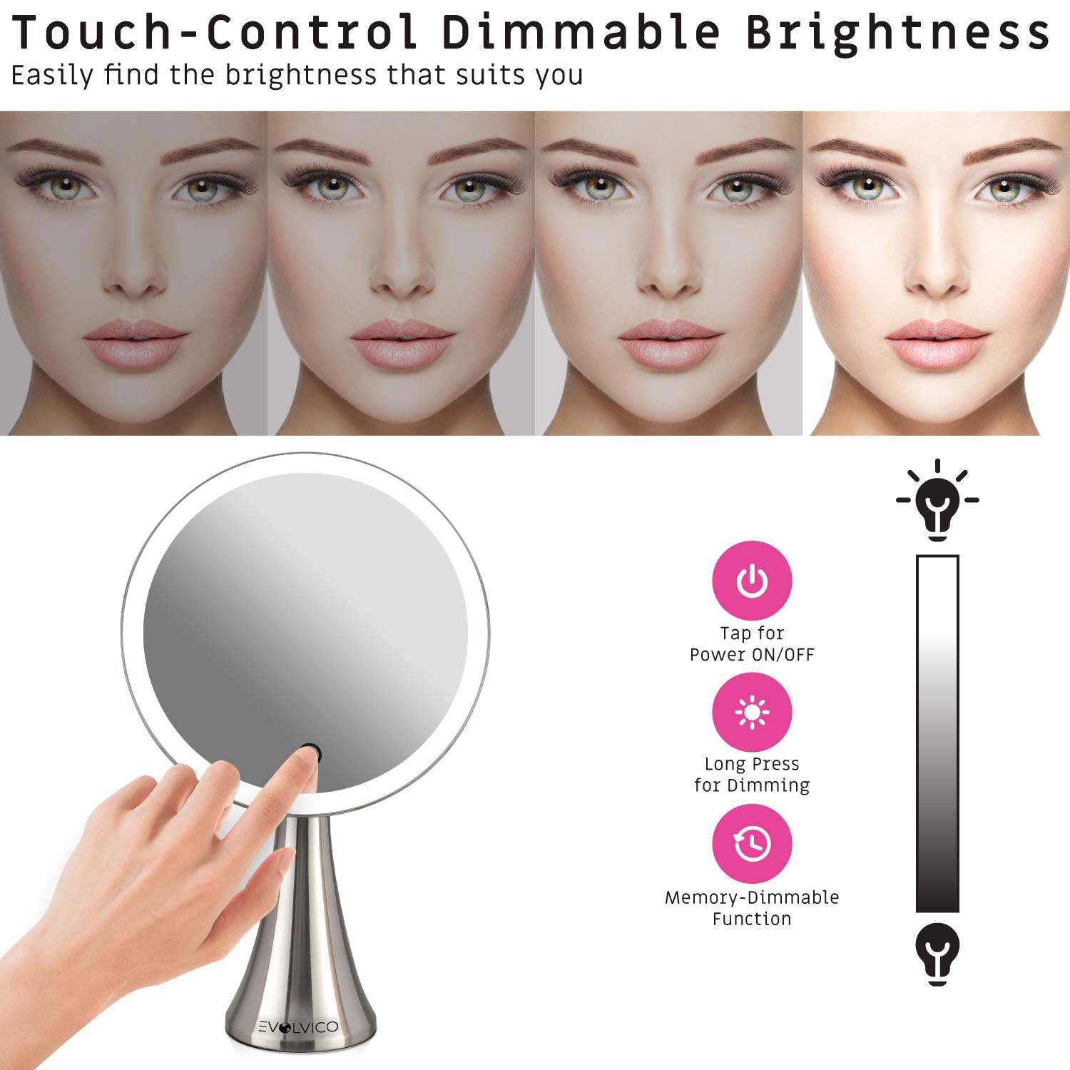 Evolvico 9 inch Lighted Round Makeup Vanity Mirror, 5X/10X Dual Magnification with Ultra Bright LED Lights System, Rechargeable, Cordless, Touch Control Adjustable Brightness, Brushed Stainless Steel