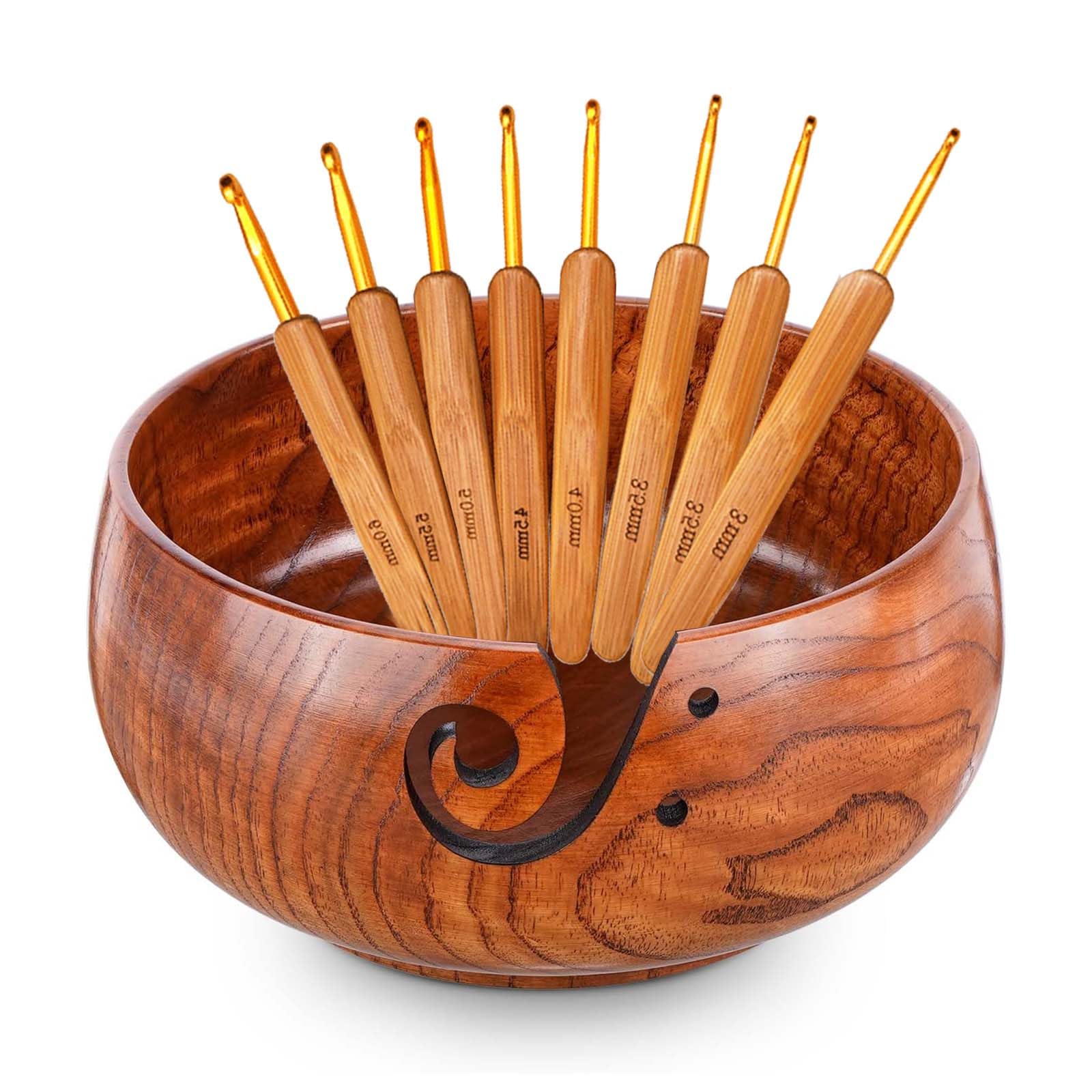 Wooden Yarn Bowl with 8Pcs Metal Crochet Hooks, Knitting Yarn Bowl with Holes Storage Handmade to Prevent Slipping, Perfect Yarn Holder Bowl for Crocheting and Knitting Mother's Day Gift 6" x 3"