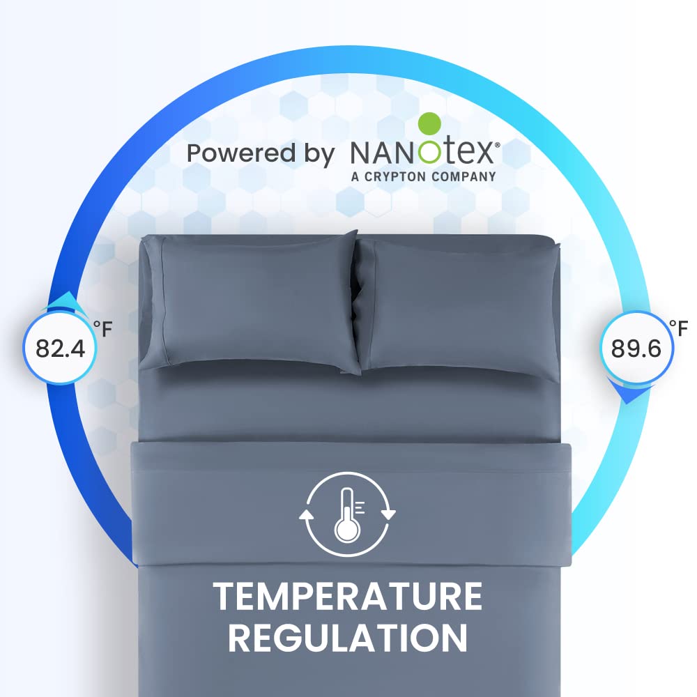 SLEEP ZONE Nanotex Super Soft Cooling Twin Bed Sheets Set for Kids 3 Piece - Easy Care Fitted Flat Sheet & Pillowcase Sets - Wrinkle Free, Fade Resistant, Deep Pocket 16" (Flint Blue, Twin)