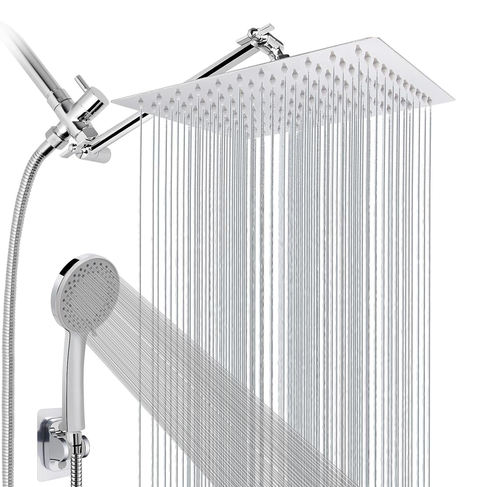 Shower Head Combo with 11'' Extension Arm,High Pressure 8" Rain Shower Head with Handheld Shower Spray and Holder/ 1.5M Hose,Dual Rainfall Showerhead Set,Chrome