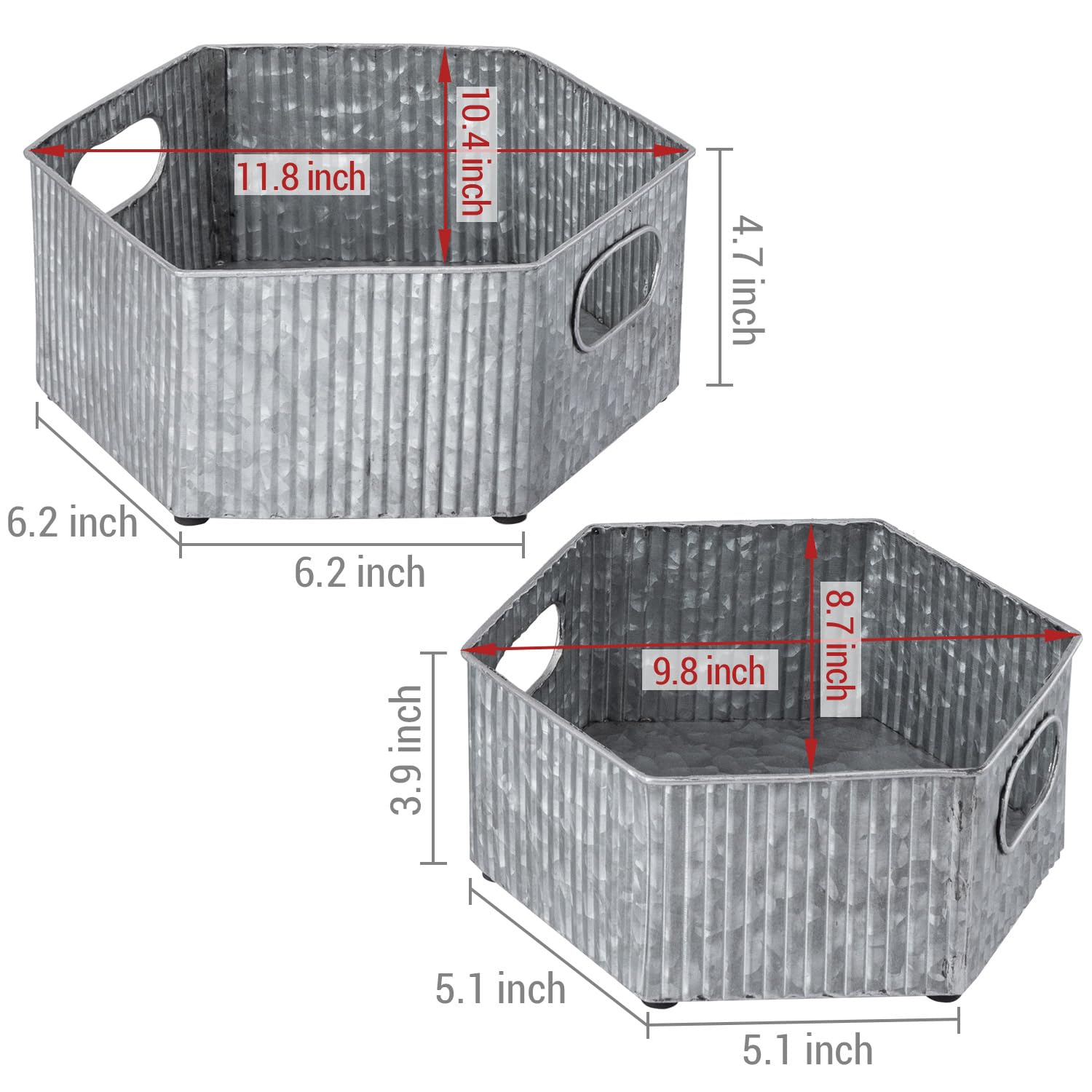 MyGift Rustic Corrugated Galvanized Silver Tone Metal Hexagonal Decorative Baskets, Home Storage Organizer Bins with Nesting Design and Cutout Handles, 2 Piece Set