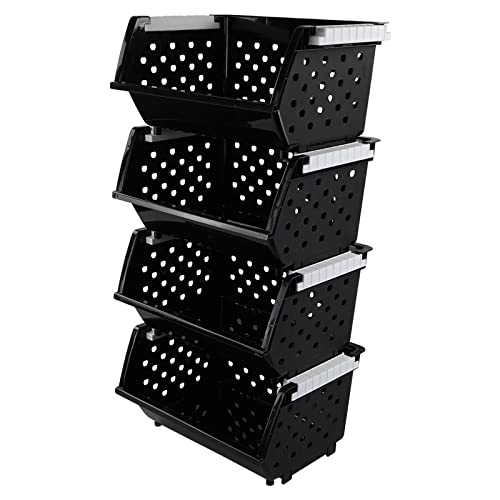 Wekioger 4 Pack Plastic Stackable Storage Baskets, Large Stacking Bins for Organizer, Black