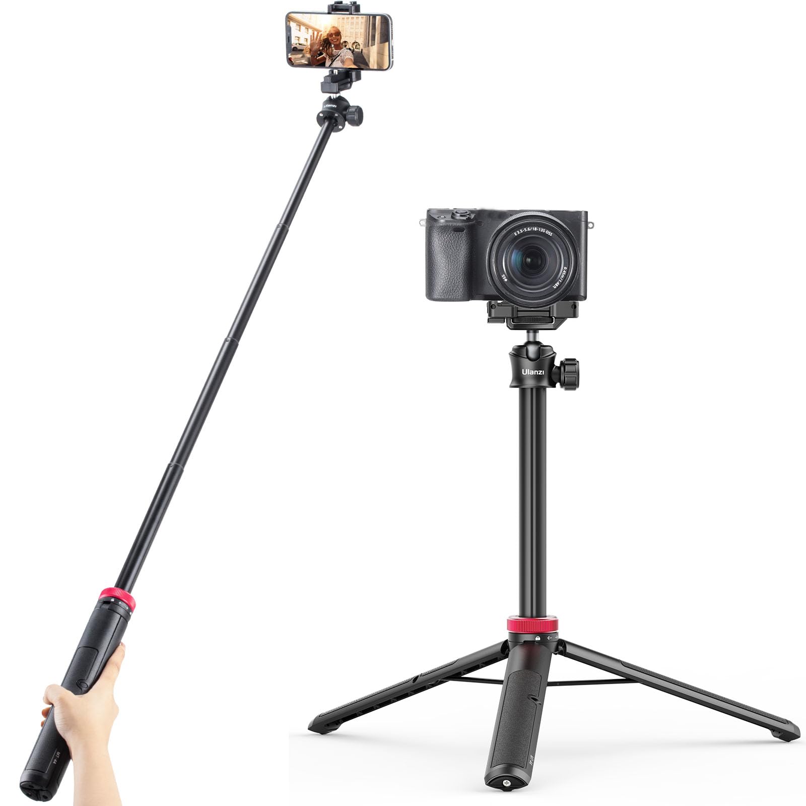 ULANZI MT-44 Extendable Phone Tripod, 59" Selfie Stick Phone Vlog Tripod Stand with 2 in 1 Phone Clip, 360° Ball Head Camera Tripod for iPhone Sony Canon Action Camera, Lightweight for Travel
