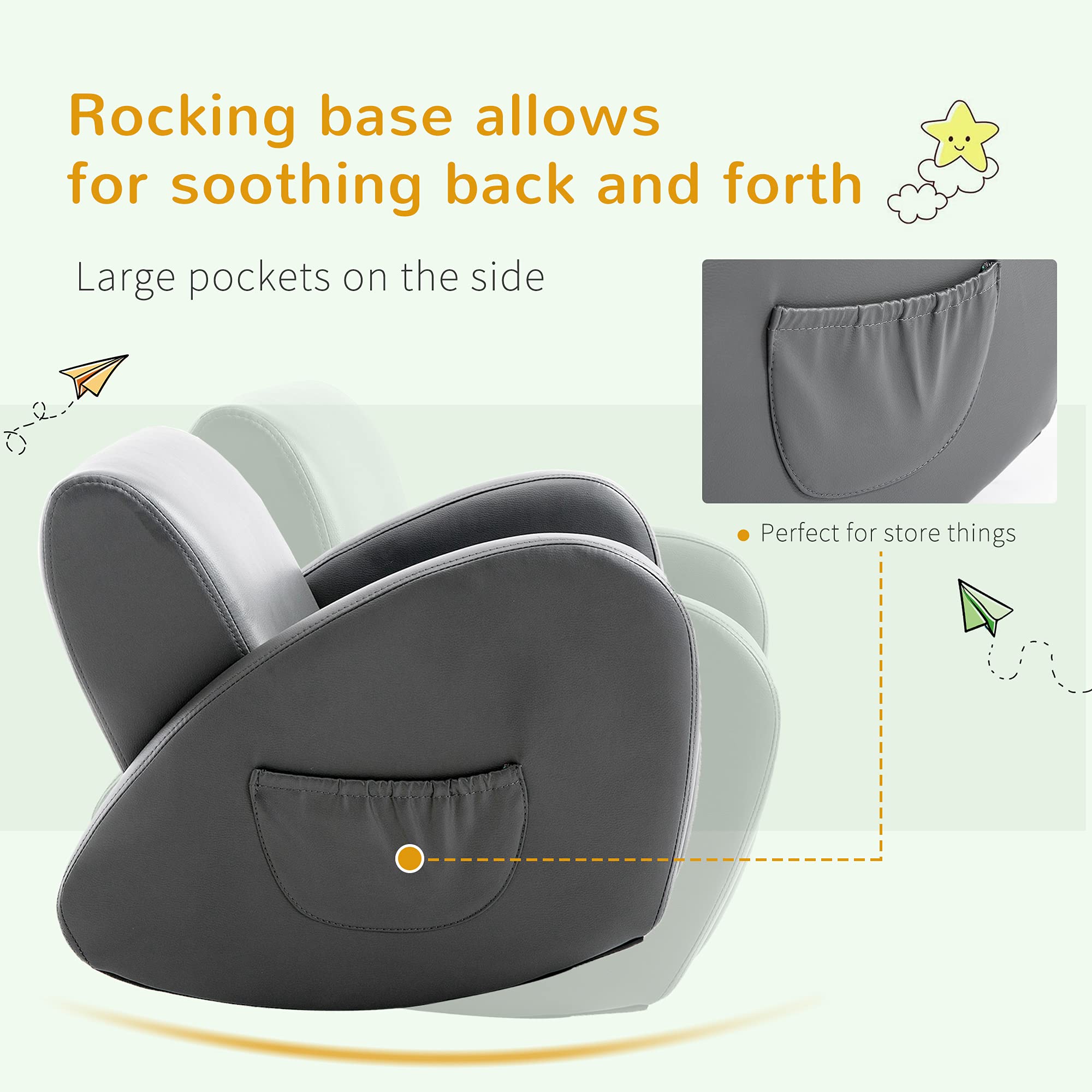 Qaba Kids Sofa Rocking Chair with Side Pocket, PU Leather Toddler Armchair for Children Grey