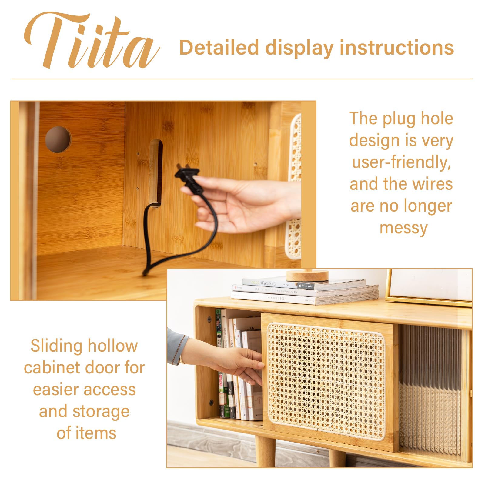 Tiita Rattan TV Stand for 55 60 Inch TV, Bamboo TV Cabinet with 2 Drawers, Boho Entertainment Center with Adjustable Shelf, Mid Century Modern Media Console for Bedroom, Living Room, Study