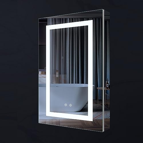 WELLFOR LED Lighted Medicine Cabinet with Defog Mirror, Mirrored Cabinet with Adjustable Shelves, Outlets & USB Ports, Recessed or Surface Bathroom Storage Cabinet, Single Left Opening Door, 20" X 30"