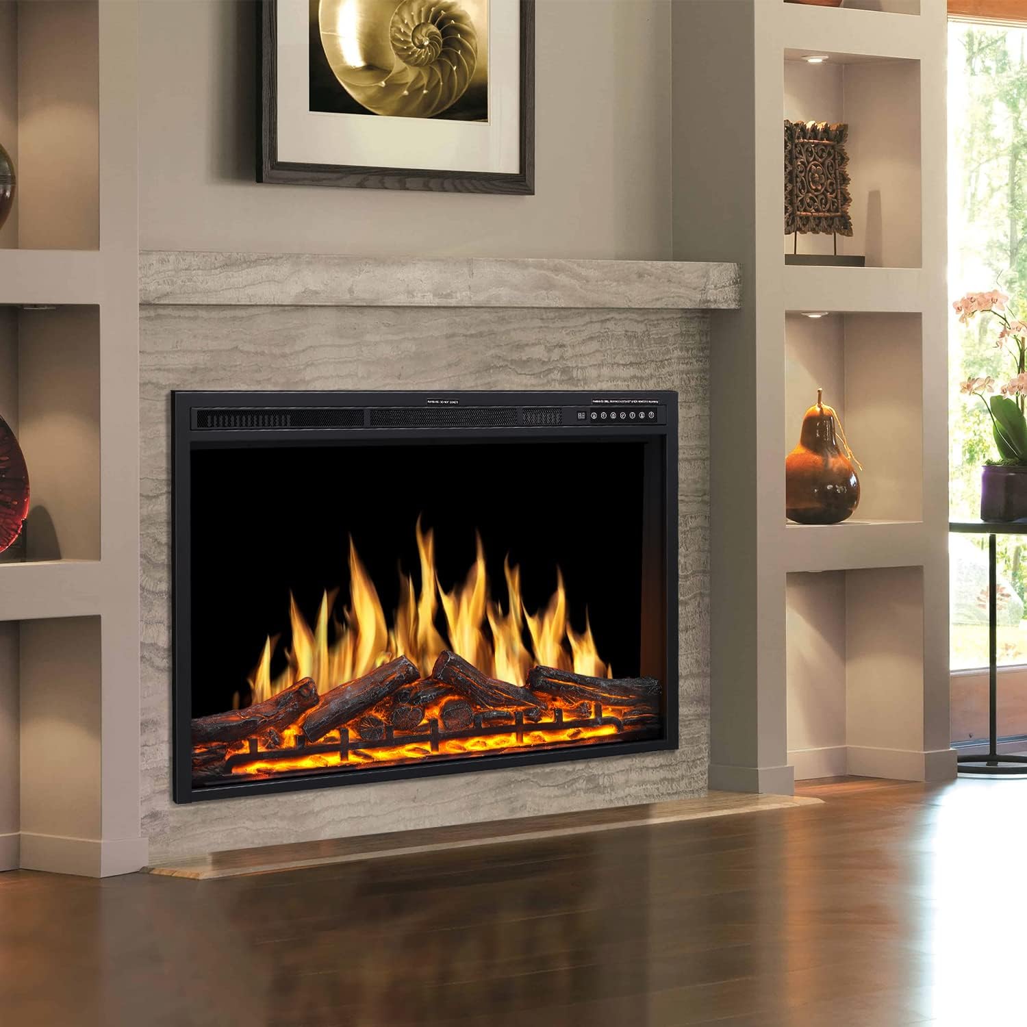 Havato 37 inch Electric Fireplace Inserts, Recessed Electric Stove Heater with Adjuatble Flame Colors, Log Colors, Flame Speed and Brightness, Remote Control & Time,750W/1500W