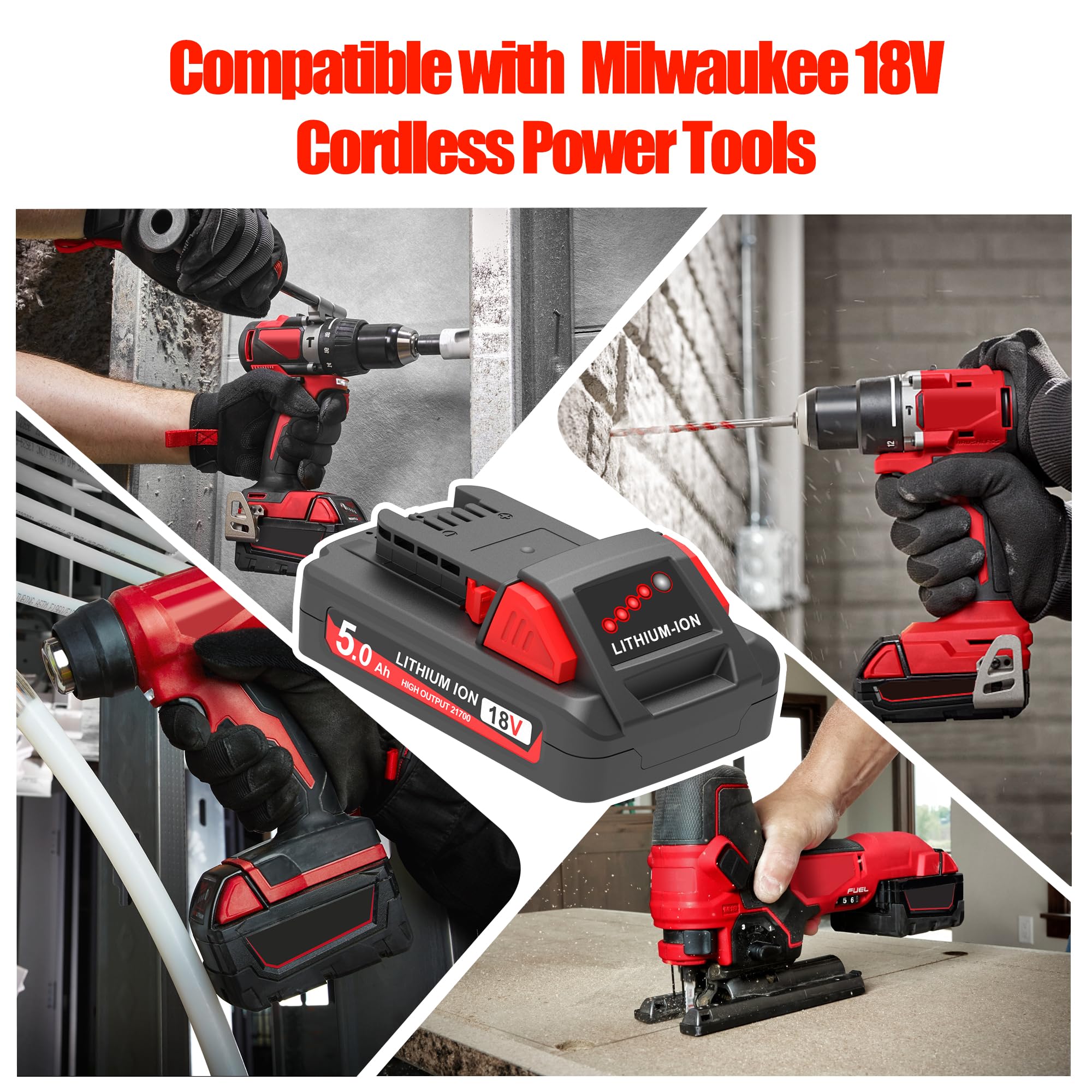 PEYESTEN 2 Packs High Output 5.0 Ah 18V Battery Replace for Milwaukee M18 Battery, Compatible with Milwaukee M18 Battery 48-11-1812 48-11-1852 Cordless Power Tools and Original Charger.