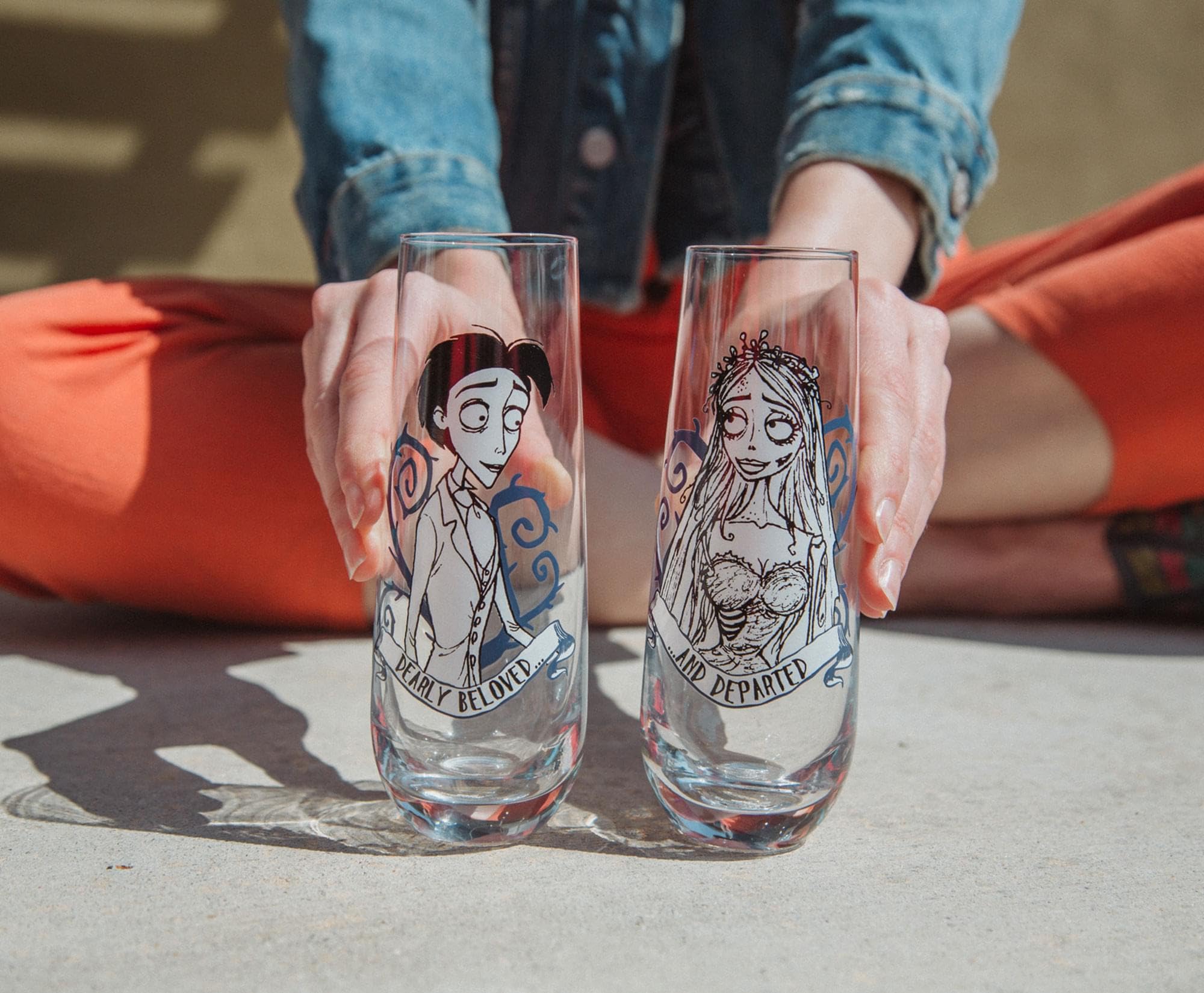 Silver Buffalo Tim Burton's Corpse Bride Dearly Beloved 9-Ounce Stemless Fluted Glassware, Set of 2 | Toasting Champagne Glass Cups For Wine, Mimosas, Cocktails
