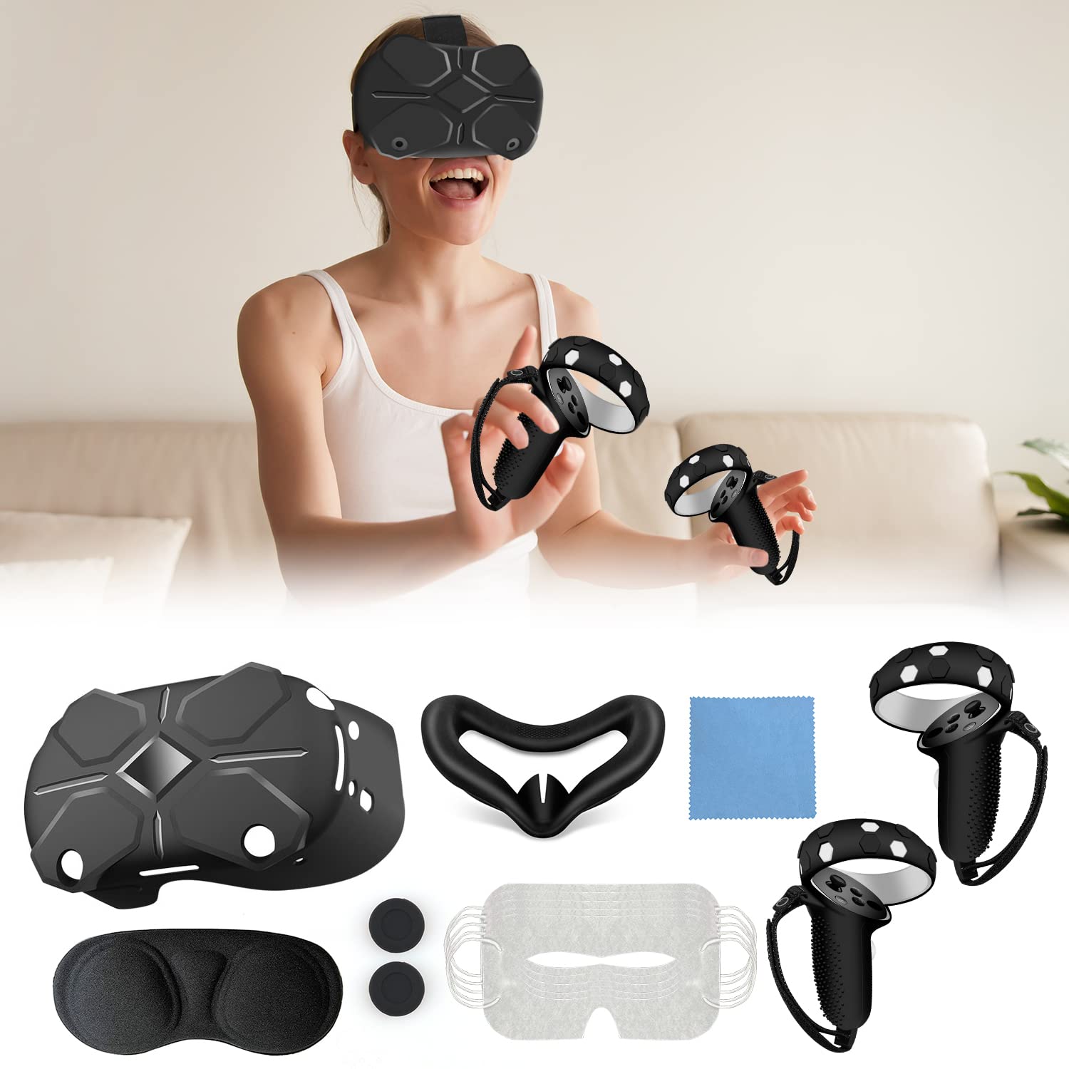 Hevanto VR Silicone Cover for Ouest 2, VR Silicone Face Cover Set for Virtual Reality Headset, VR Shell Cover, Quest 2 Touch Controller Grip Cover, Protective Lens Cover, Disposable Eye Cover(Black)