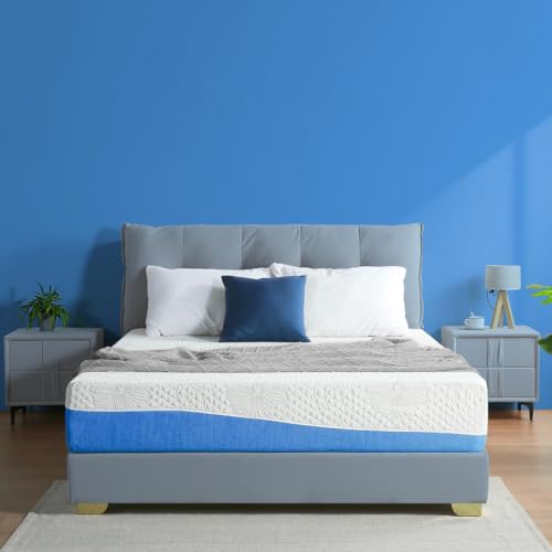 Olee Sleep Cal King Mattress, 10 Inch Gel Memory Foam Mattress, Gel Infused for Comfort and Pressure Relief, CertiPUR-US Certified, Bed-in-a-Box, Medium Firm, Blue, Cal King Size