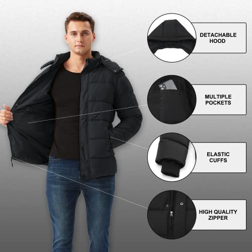 GGleaf Men's Puffer Jacket Down Winter Coat Insulated and Water-Resistant with Hood Removable Black Medium