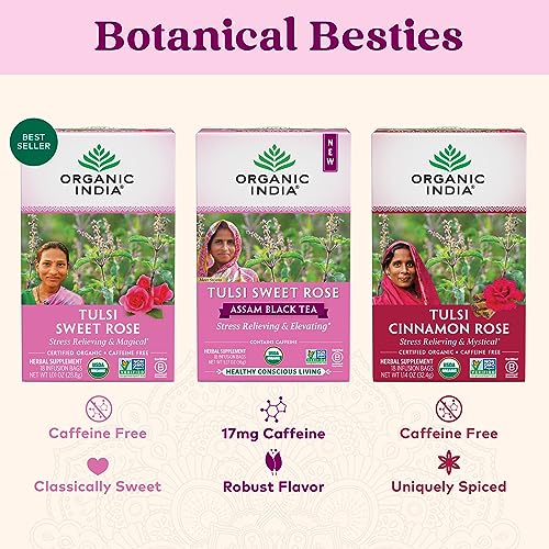 Organic India Tulsi Sweet Rose Herbal Tea - Holy Basil, Stress Relieving & Magical, Immune Support, Adaptogen, Vegan, USDA Certified Organic, Non-GMO, Caffeine-Free - 18 Infusion Bags, 6 Pack