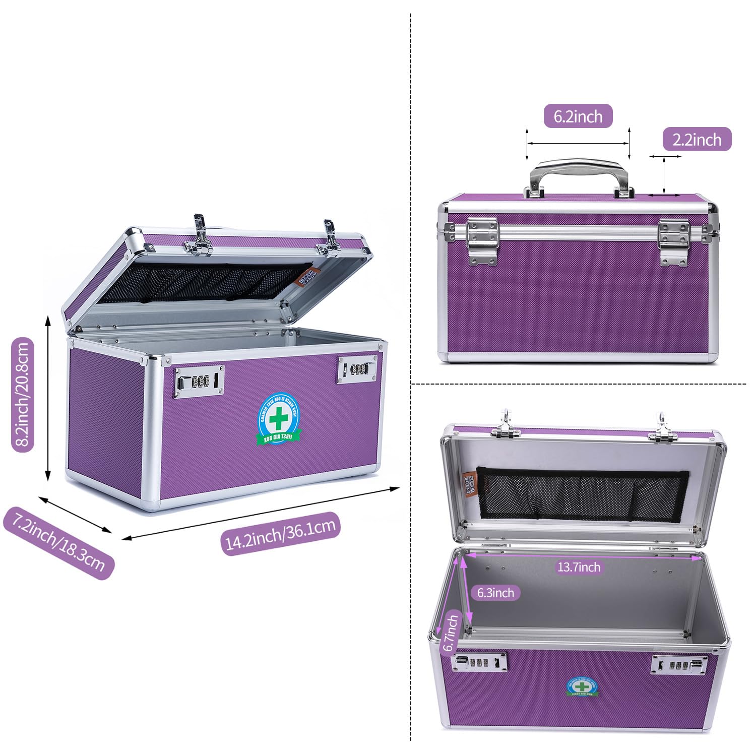 HEWEI WORKS Locking Box with Portable Storage Case, 14.2''x 7.2''x 8.2'',Childproof Medication Lock Organizer, Lockbox for Documents,Medicine & Valuables (Purple/Large)