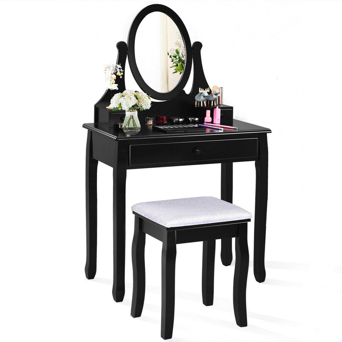 GOFLAME Vanity Dressing Table Set with Cushioned Stool & 360° Adjustable Mirror, Multifunction Makeup Dressing Table Writing Desk with 3 Drawers, for Home Office, Contemporary Vanity Tables (White)