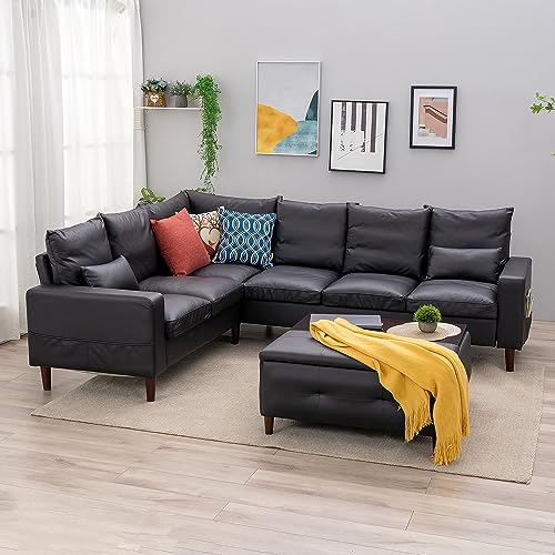 Panana6 Seater Convertible Sectional Sofa L-Shape Sofa Couch Linen Fabric Upholstered for Living Room, Apartment, Office (Black Leather Look Fabric, 6 Seater L Shape Corner Sofa)