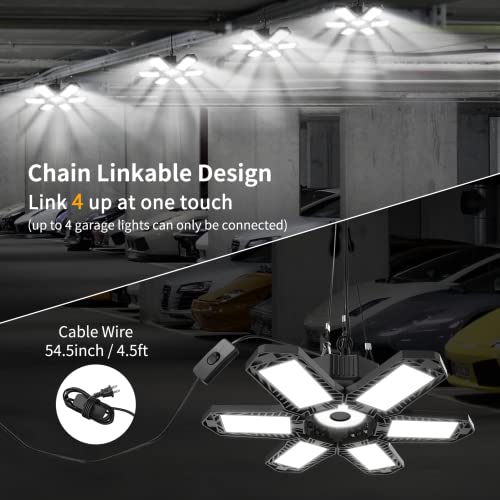 LED Garage Light with 6 Adjustable Panels, 16000 LM Plug in Linkable LED Shop Light, 160W 6500K Deformable Garage Lights Ceiling Led Light Fixtures with Built-in ON/Off Switch(1 Pack)