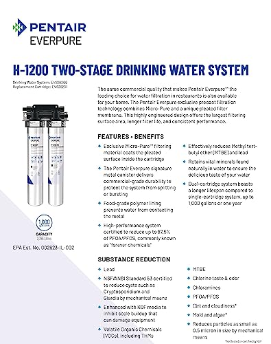 Pentair Everpure H-1200 Quick-Change Filter Cartridge Set, EV928201, Replacement Twin Pack for Use in Everpure H-1200 Drinking Water System, 1,000 Gallon Capacity, 0.5 Micron