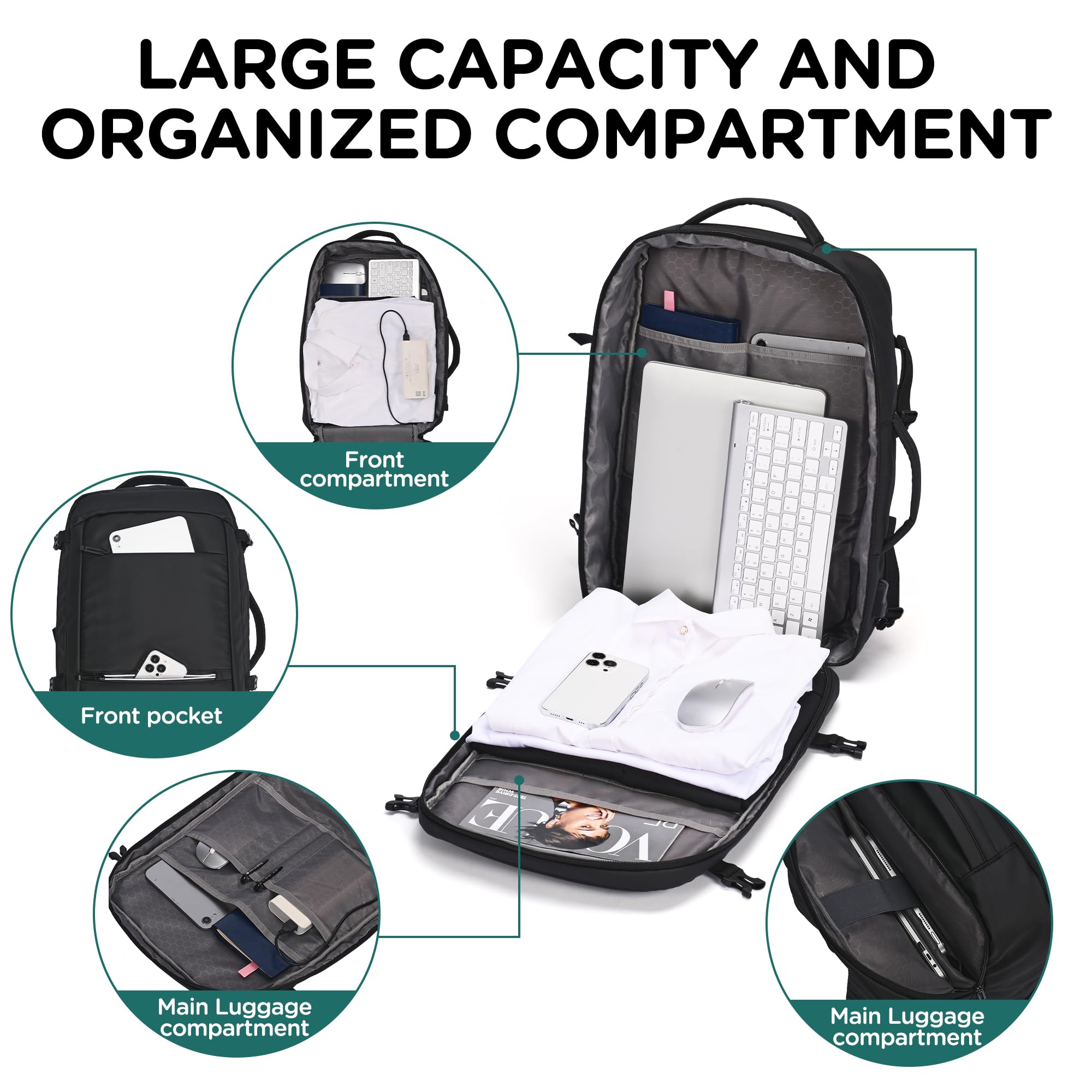 Ewaise 17inch Laptop Backpack, Black Travel Backpack with USB Charging Port, Large Casual Daypack, Flight Approved Travel Backpack, Waterproof Luggage Backpack for Women&Men