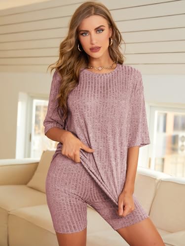 MakeMeChic Women's Summer Lounge Sets 2 Piece Ribbed Short Sleeve Top and Biker Shorts Set Tracksuits Burgundy XS