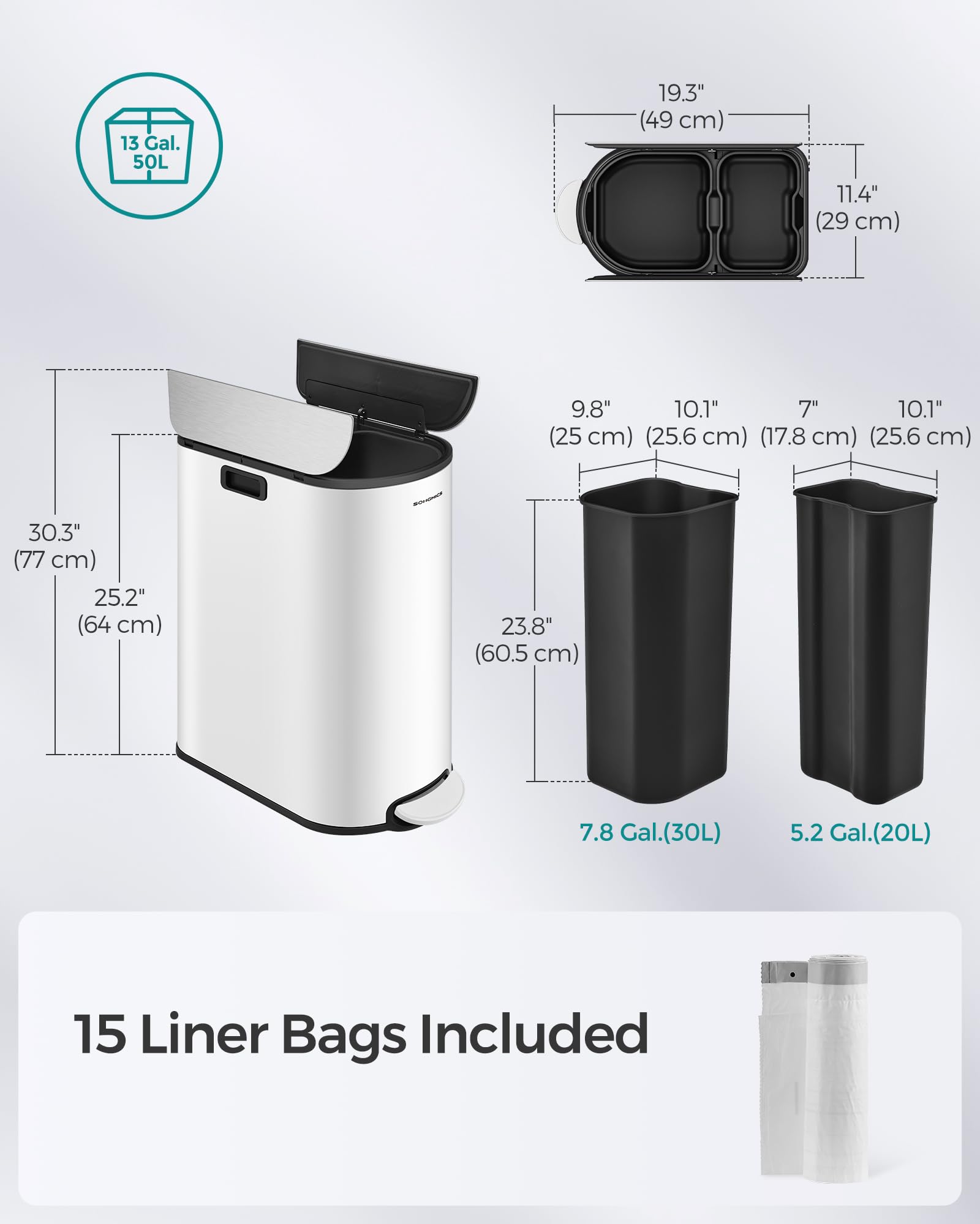 SONGMICS 13-Gallon Dual Kitchen Trash Can, 5.3 and 8 Gallon Compartments, Garbage Can with Wing Lids, Stainless Steel, Soft Close, Inner Buckets, Cloud White and Metallic Silver ULTB570W50