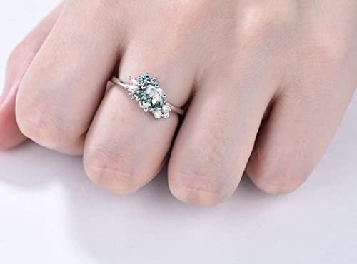 Hexagon cut moss agate ring vintage green moss agate engagement ring rose gold unique cluster engagement ring diamond wedding ring for women (WHITE GOLD, 6)
