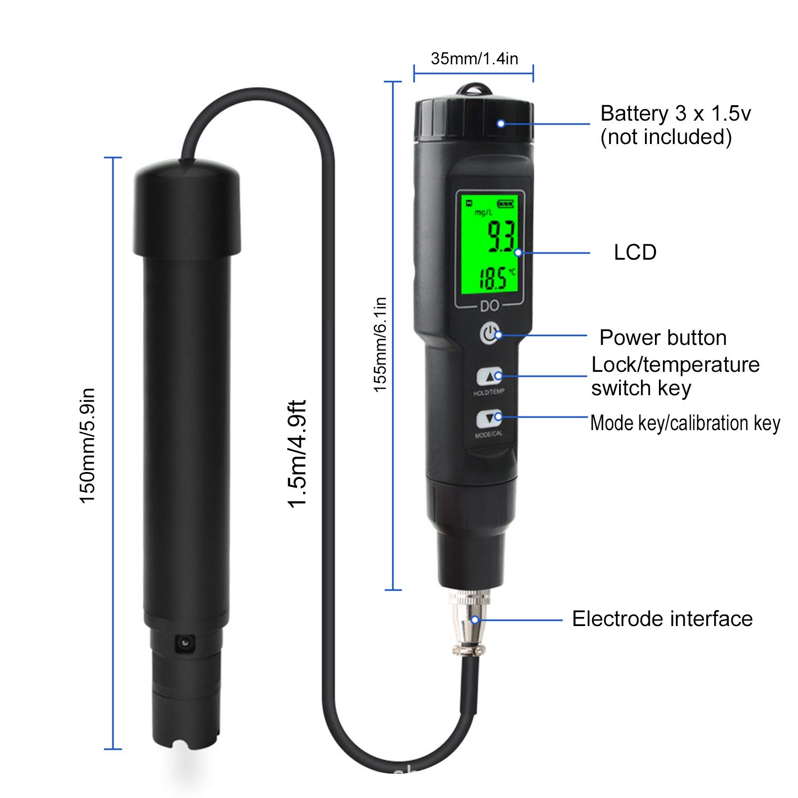 Hyuduo Digital Dissolved Oxygen Meter PH Water Quality Temperature and Humidity Meter Analyzer for 0.0β40.0mg L Oxygen Concentration Portable DO Pen