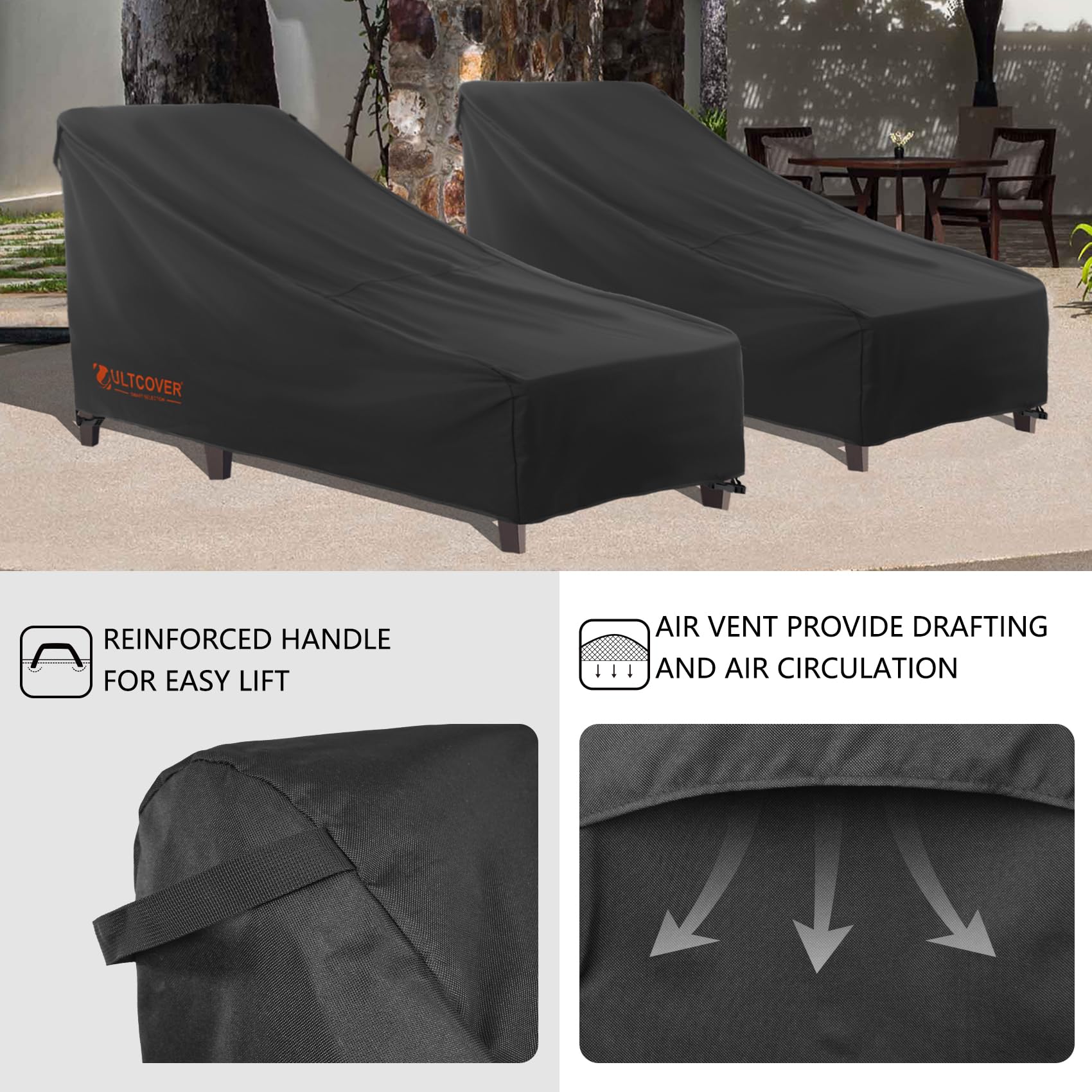 ULTCOVER Smart Selection Patio Lounge Chair Cover Waterproof Outdoor Chaise Lounge Covers 2 Pack - 76L x 32W x 30H inches, Black