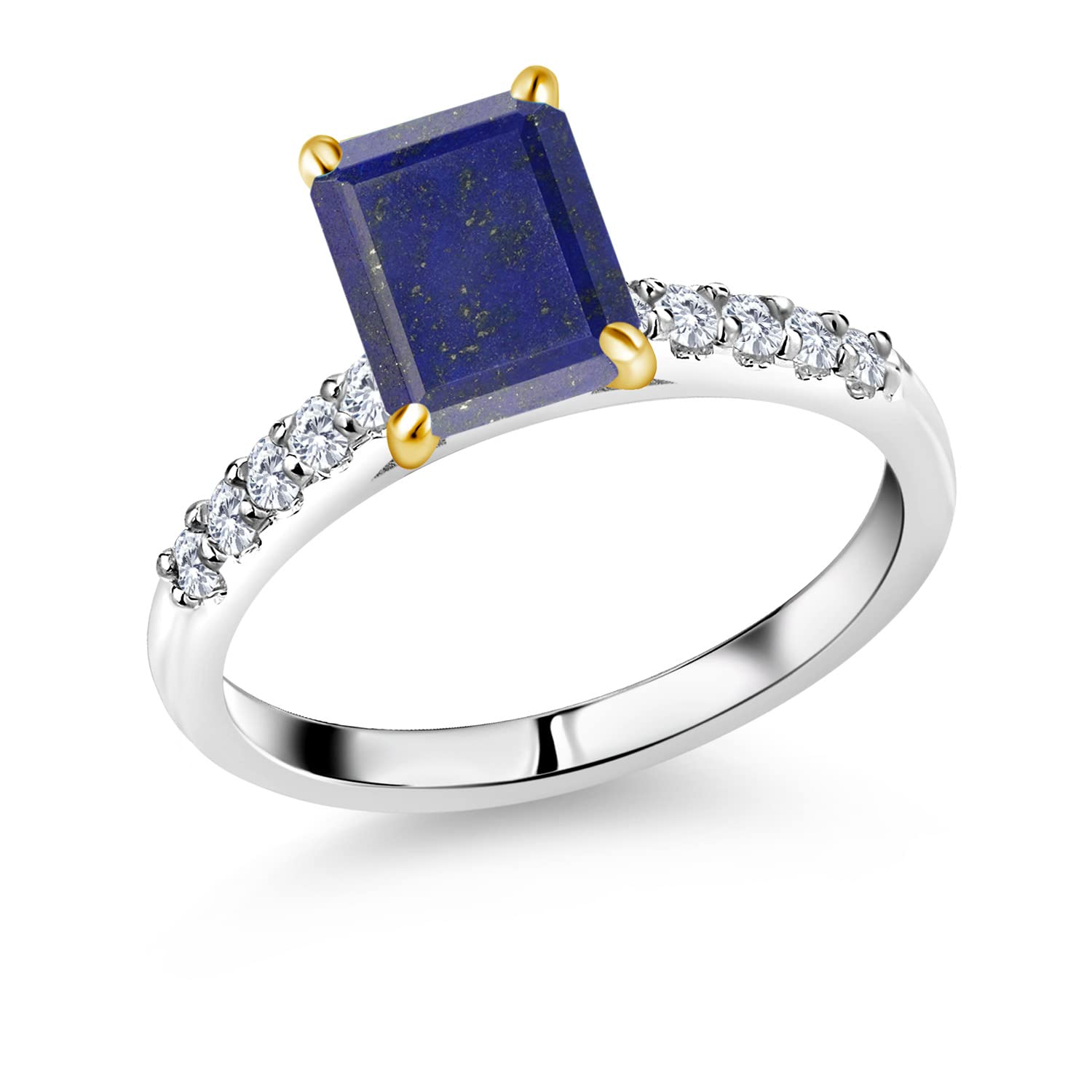 Gem Stone King 925 Sterling Silver and 10K Yellow Gold Emerald Cut Blue Lapis and White Moissanite Engagement Ring For Women (2.20 Cttw, Available In Size 5, 6, 7, 8, 9)