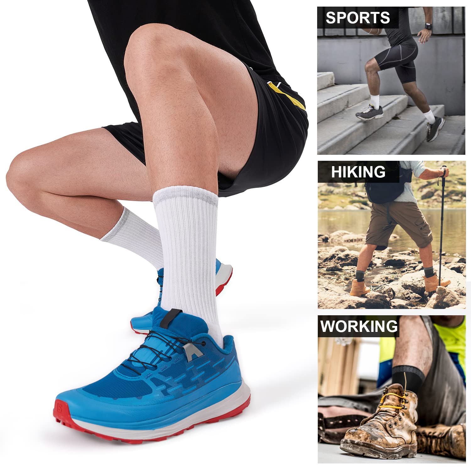 FITRELL 6 Pack Men's Athletic Crew Socks Cushioned Work Boot Socks, Black, X-Large, Shoe Size 12-15