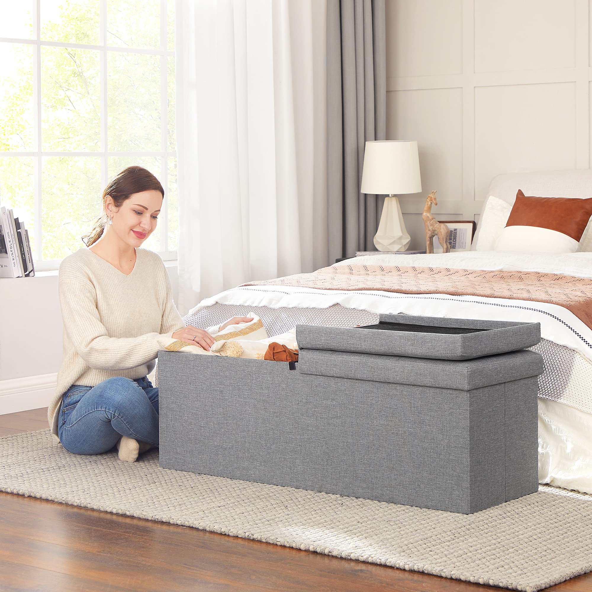 SONGMICS Storage Ottoman, Foldable Storage Bench, 15 x 43 x 15 Inches, Flipping Lid, 660 lb Load Capacity, for Entryway, Living Room, Bedroom, Ash Gray ULSF71G