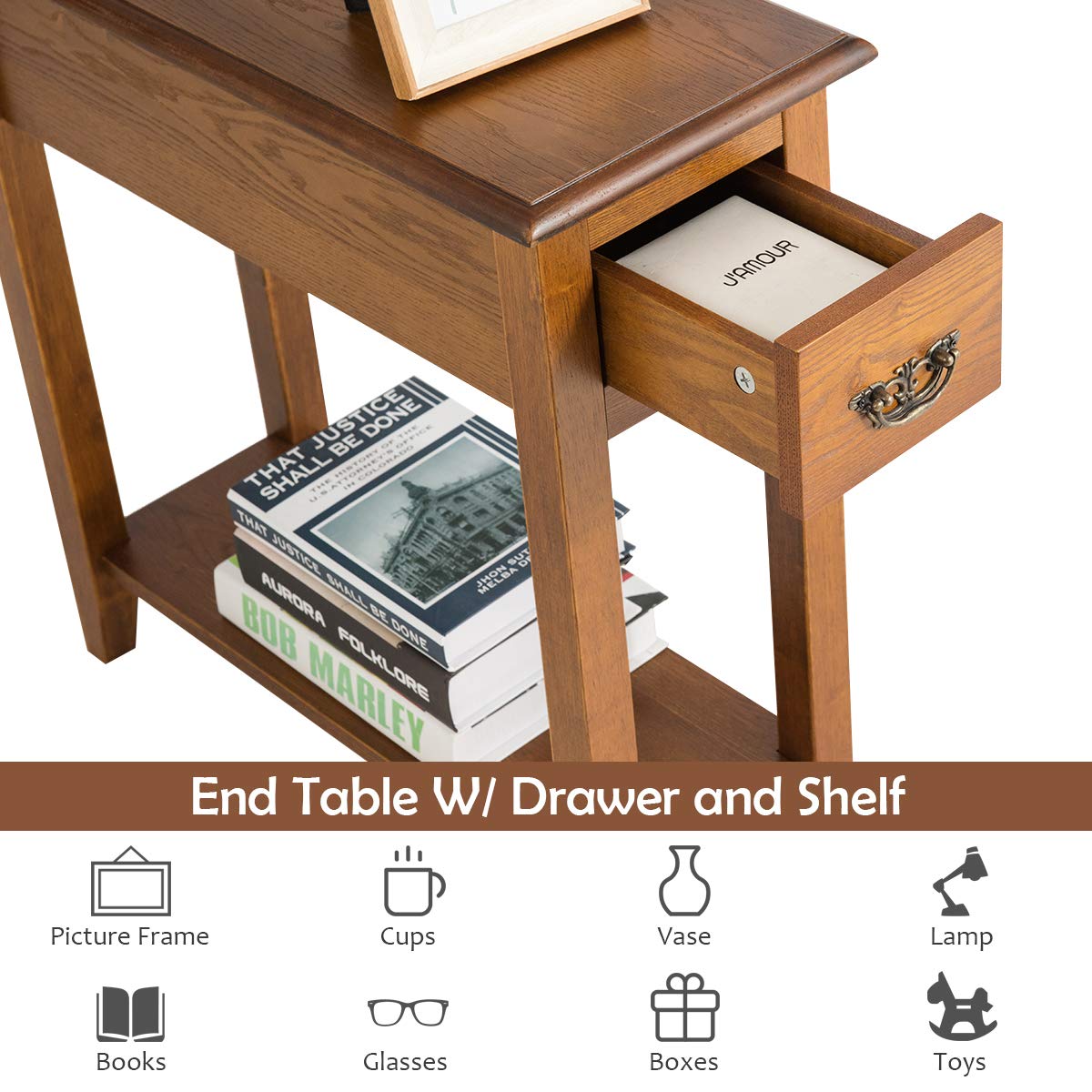 Tangkula Narrow End Table, Slim Side Table with Drawer and Open Shelf, Small End Tables for Small Spaces, Narrow Nightstand Bedside Table for Living Room Bedroom, 9.8 x 23.6 x 23.6 inches (1, Walnut)