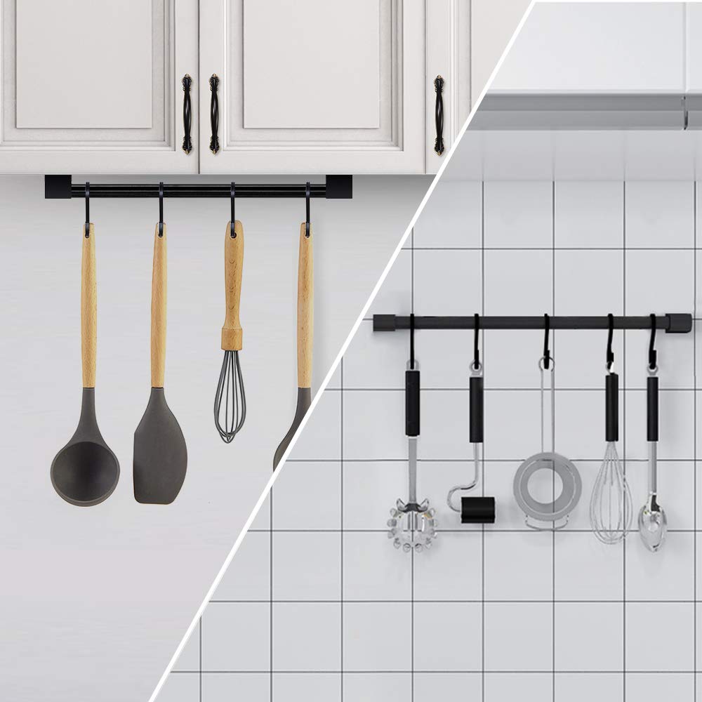 KAIYING Kitchen Utensil Rack with Removable S Hooks for Hanging Pots and Pans, Rod Hooks for Mugs, Wall Mounted Kitchen Rail Organizer, Aluminum,(Black-5 Hooks) (Anodized Black, 10 Hooks)