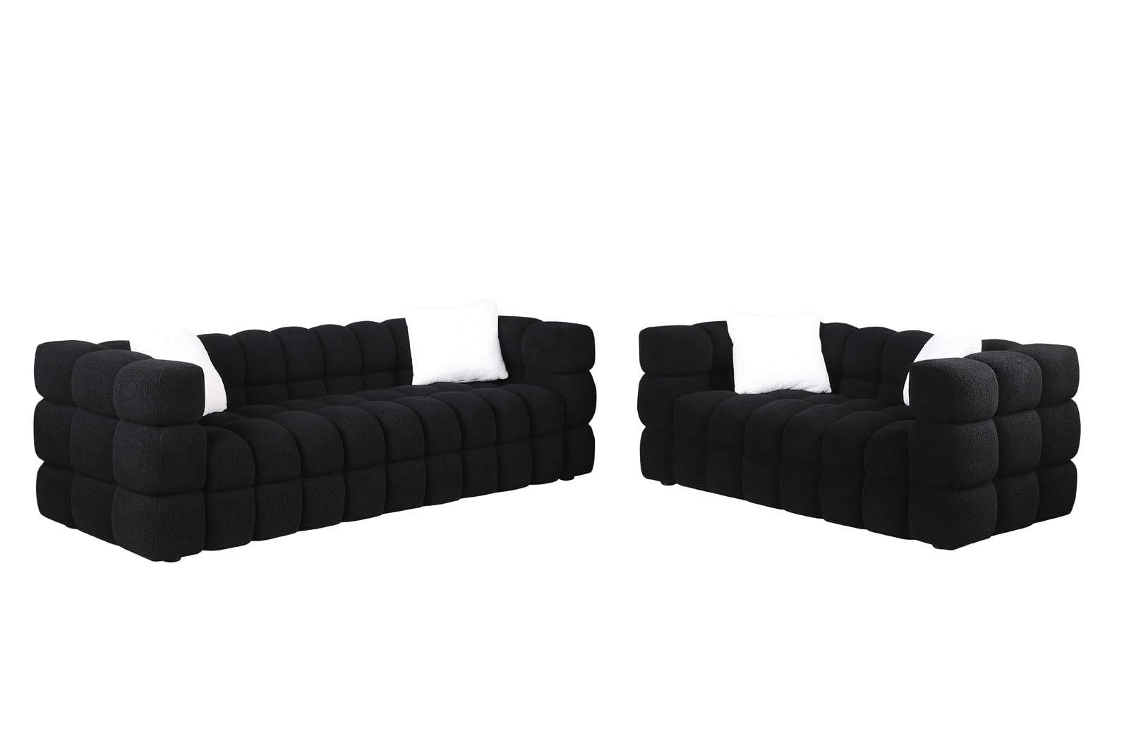 Wrofly 2 Piece Boucle Sofa Couch Set, Comfy Tufted 3 Seater and 2 Seater Love Seat Sofa for Living Room Apartment Office, Black