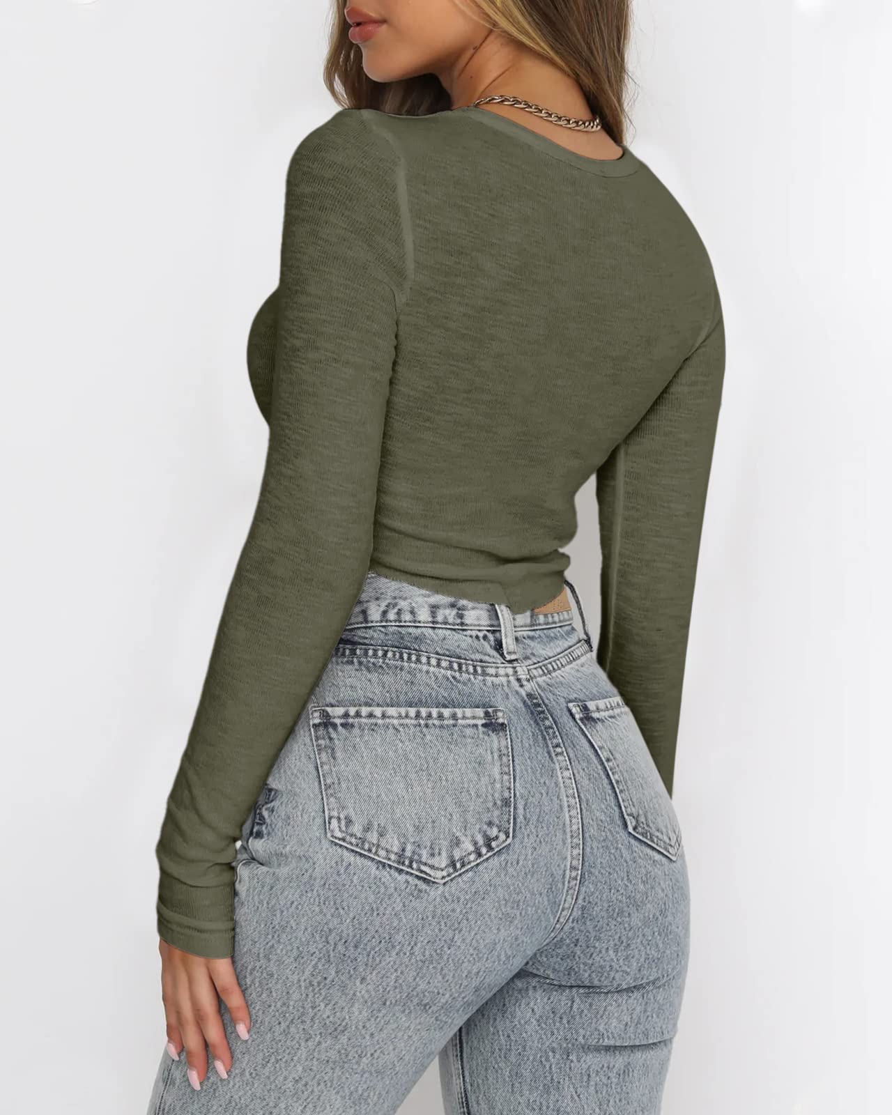 Mallnear Women's Crew Neck Long Sleeve Crop Top Summer Workout Slim Fitted Casual Basic Tee Shirts Pullovers Army Green
