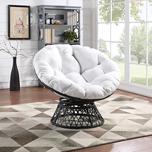 OSP Home Furnishings Wicker Papasan Chair with 360-Degree Swivel, 40†W x 36†D x 35.25†H, Grey Frame with White Cushion