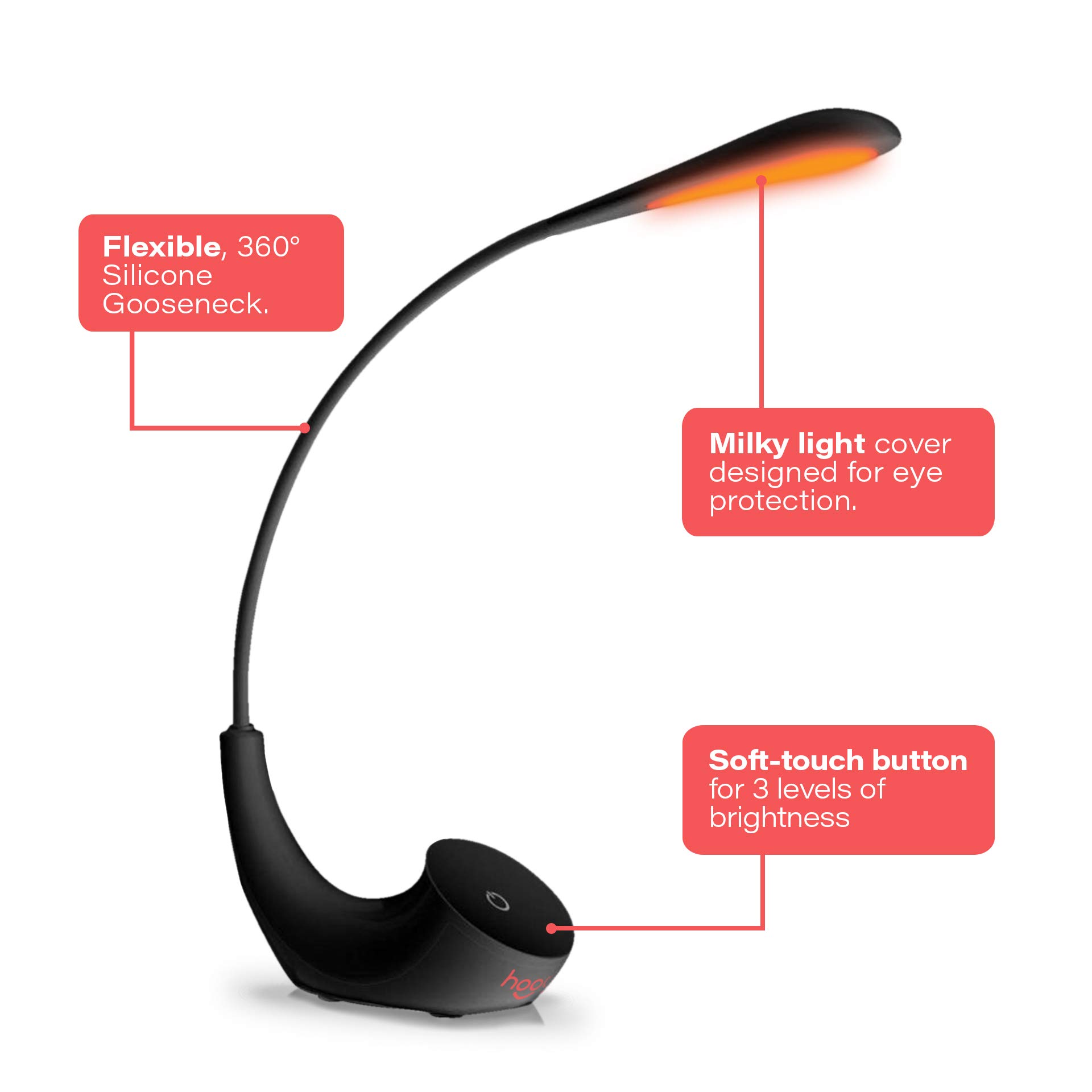 Desk Lamp, Blue Light Blocking, Amber Office Lamp by Hooga. Dimmable Reading Lamp, 3 Brightness Settings Reduces Eye Strain. 1600K Warm LEDs for Working at Night. Rechargeable 1000mAh Battery. Black