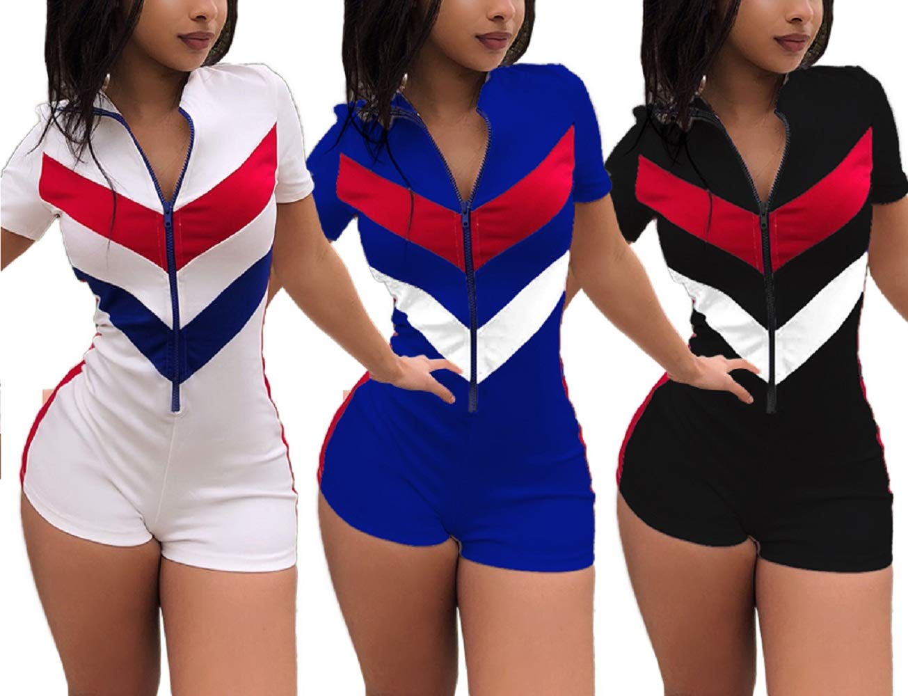 EOSIEDUR Women Summer Sexy Sportswear V Neck Short Sleeve Color Stripe Slim Fit Tracksuit Jumpsuits Rompers, White Small