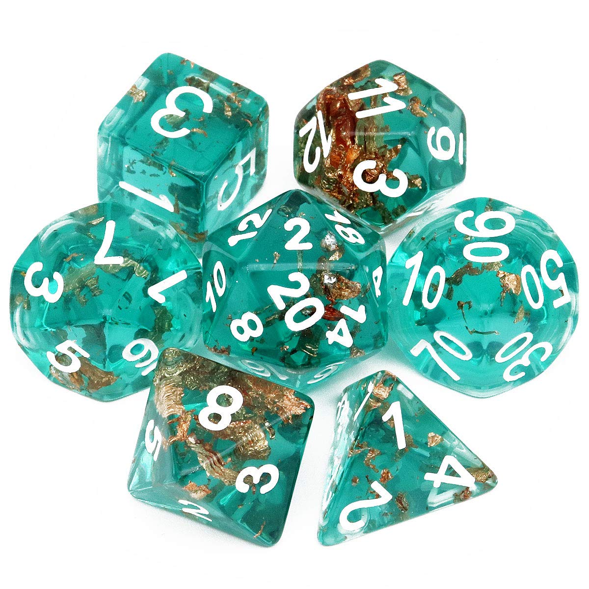 Haxtec Teal DND Dice Set 7PCS Gold Leaf Polyhedral Resin DND Dice for Roleplaying Games Dungeons and Dragons Gifts-Wonderland