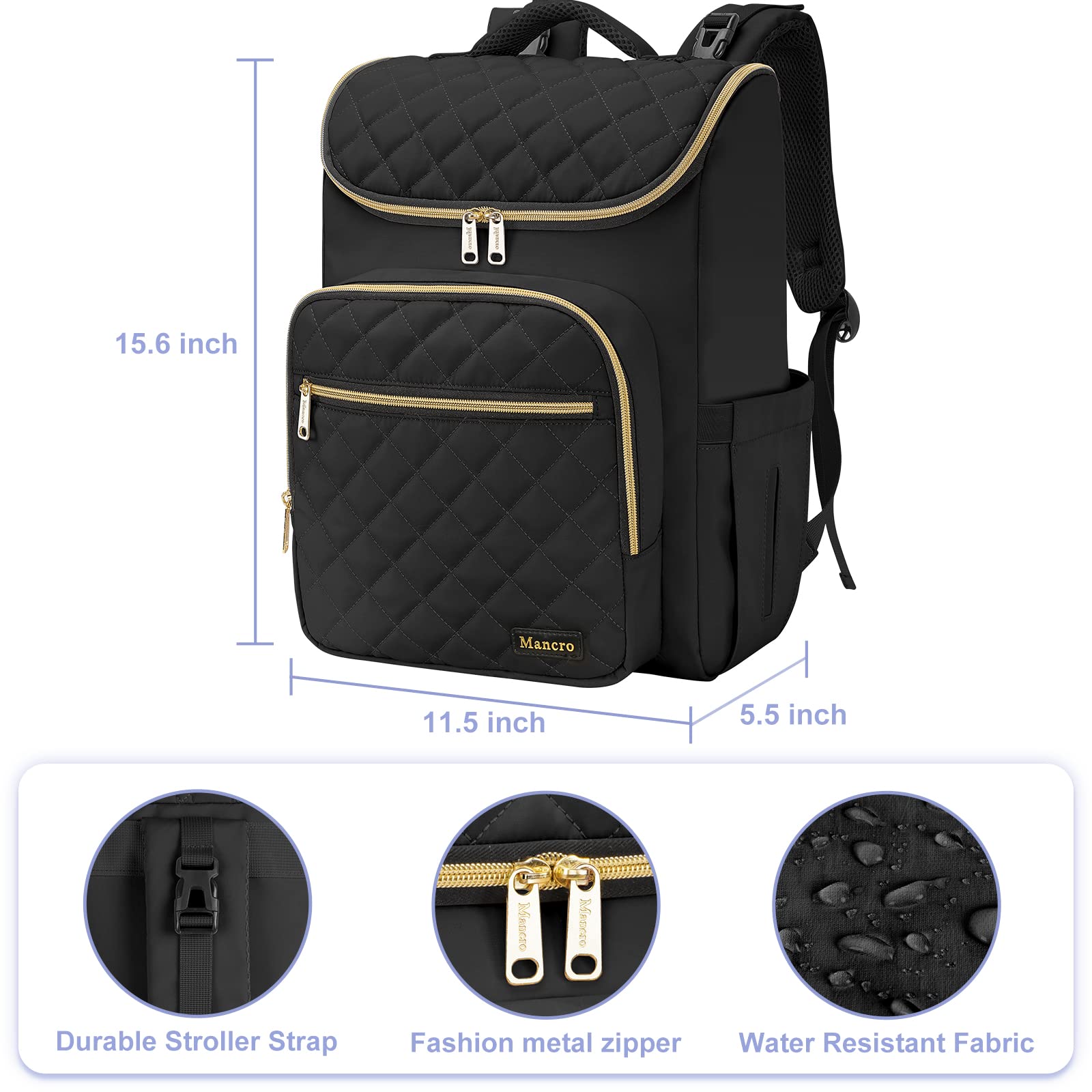 Mancro Diaper Bag Backpack, Multipurpose Travel Diaper Backpack with Stroller Strap and 2 Insulated Pockets, Waterproof Baby Backpack Diaper Bag for Mom and Dad, Black