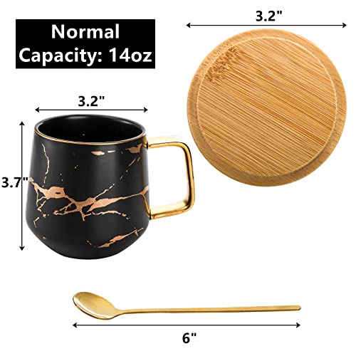 Peohud 2 Pack Porcelain Coffee Mugs Set, 14 OZ Marble Coffee Cups with Lid and Spoon, Large Tea Mugs for Latte, Cappuccino, Americano, Coffee Mugs for Couple, Novelty Engagement Gift