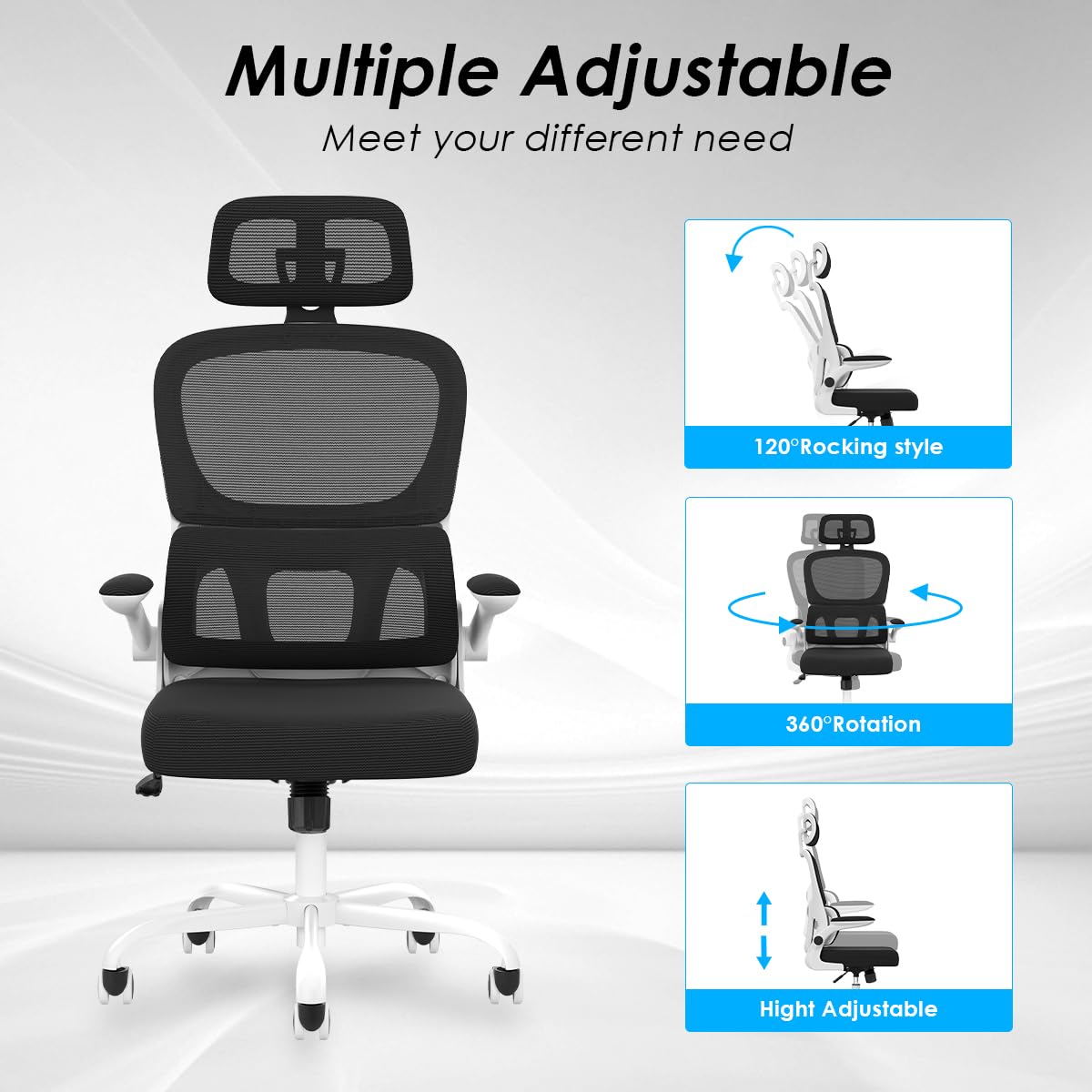 Soohow Ergonomic Home Office Chair, Mesh Desk Chair with Lumbar Support, Comfy Computer Desk Chair with Flip Armrest Rolling Wheels, White.