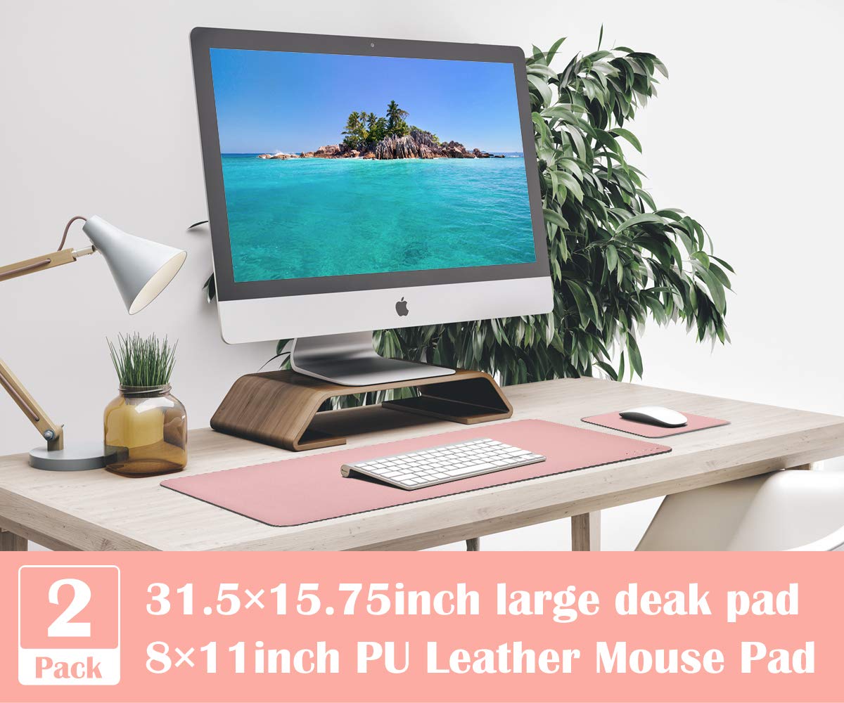Desk Pad, Desk Mat, Mouse Mat, XL Desk Pads Dual-Sided Pink/Sliver, 31.5" x 15.7" + 8"x11" PU Leather Mouse Pad 2 Pack Waterproof, Mouse Pad for Laptop, Home Office Table Protector Blotter Gifts